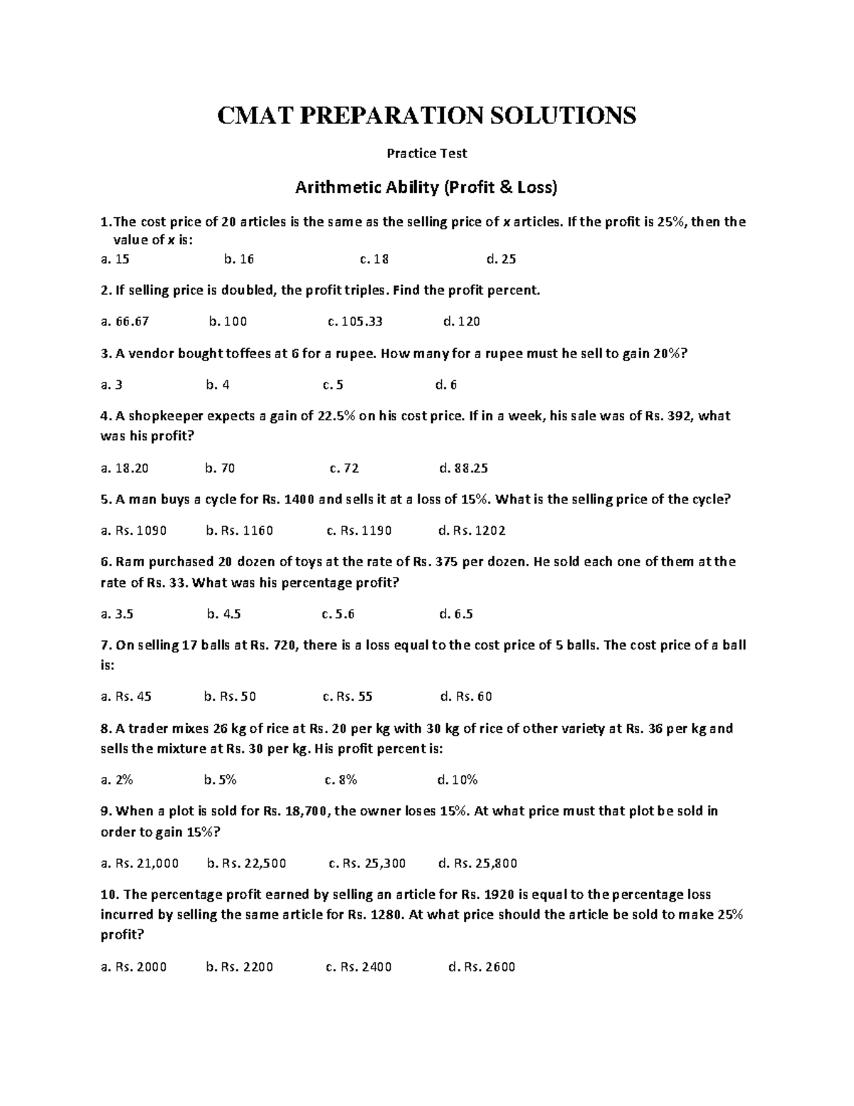 CMAT Math Practice Questions: Profit & Loss Solutions - Studocu