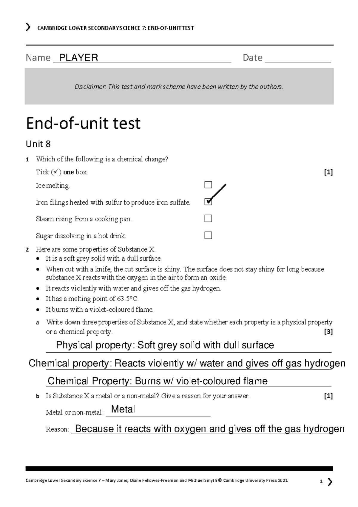 S7 End-of-unit Test 8- Answers - CAMBRIDGE LOWER SECONDARY SCIENCE 7 ...