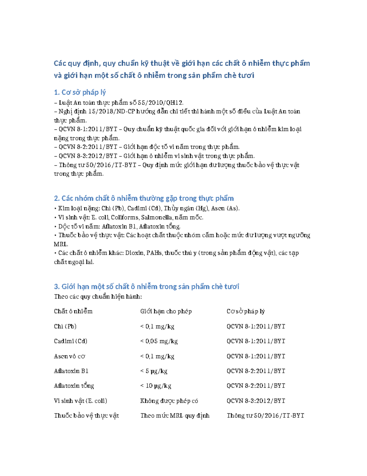 Quy định về chất ô nhiễm trong sản phẩm chè tươi - Studocu