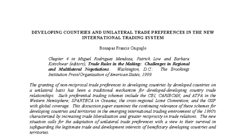 Developing Countries and Unilateral Trade Preferences: A Critical ...