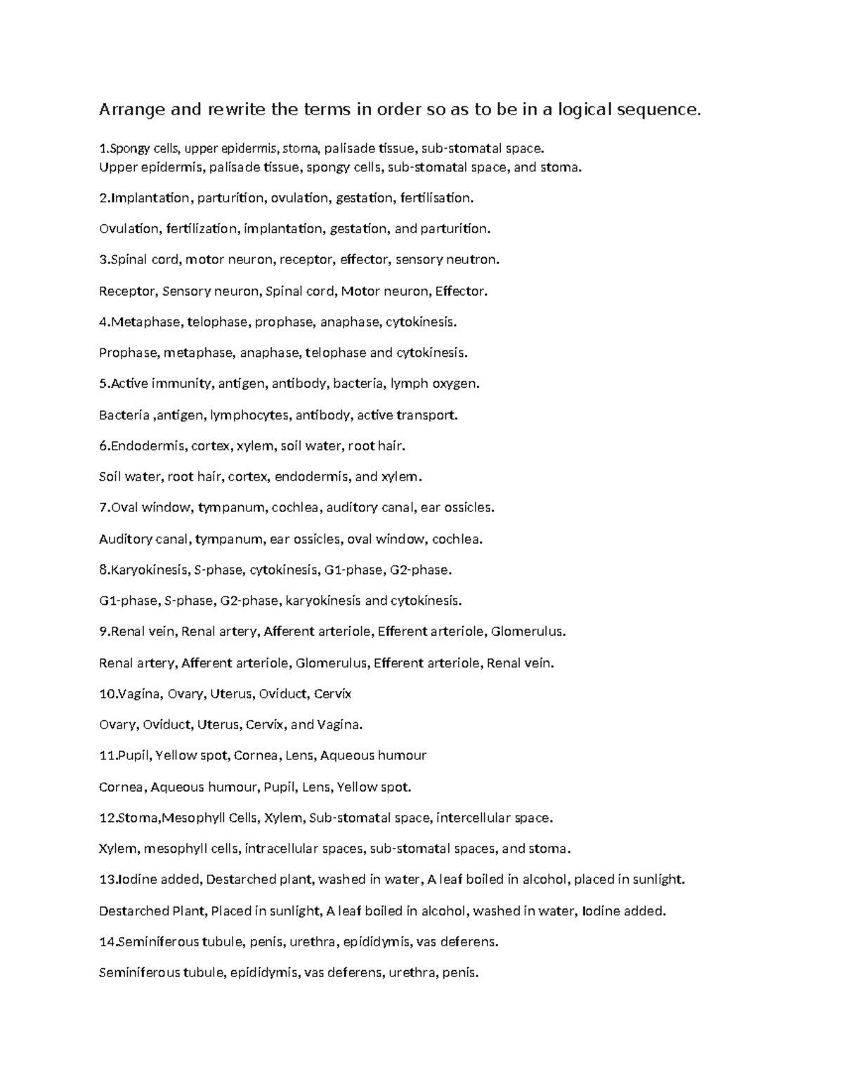 Biology Worksheet 01: Logical Sequence of Biological Terms - Studocu