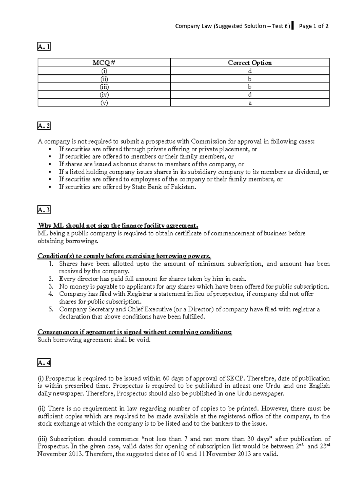 Test 6 - Suggested Solution - Company Law (Suggested Solution – Test 6 ...