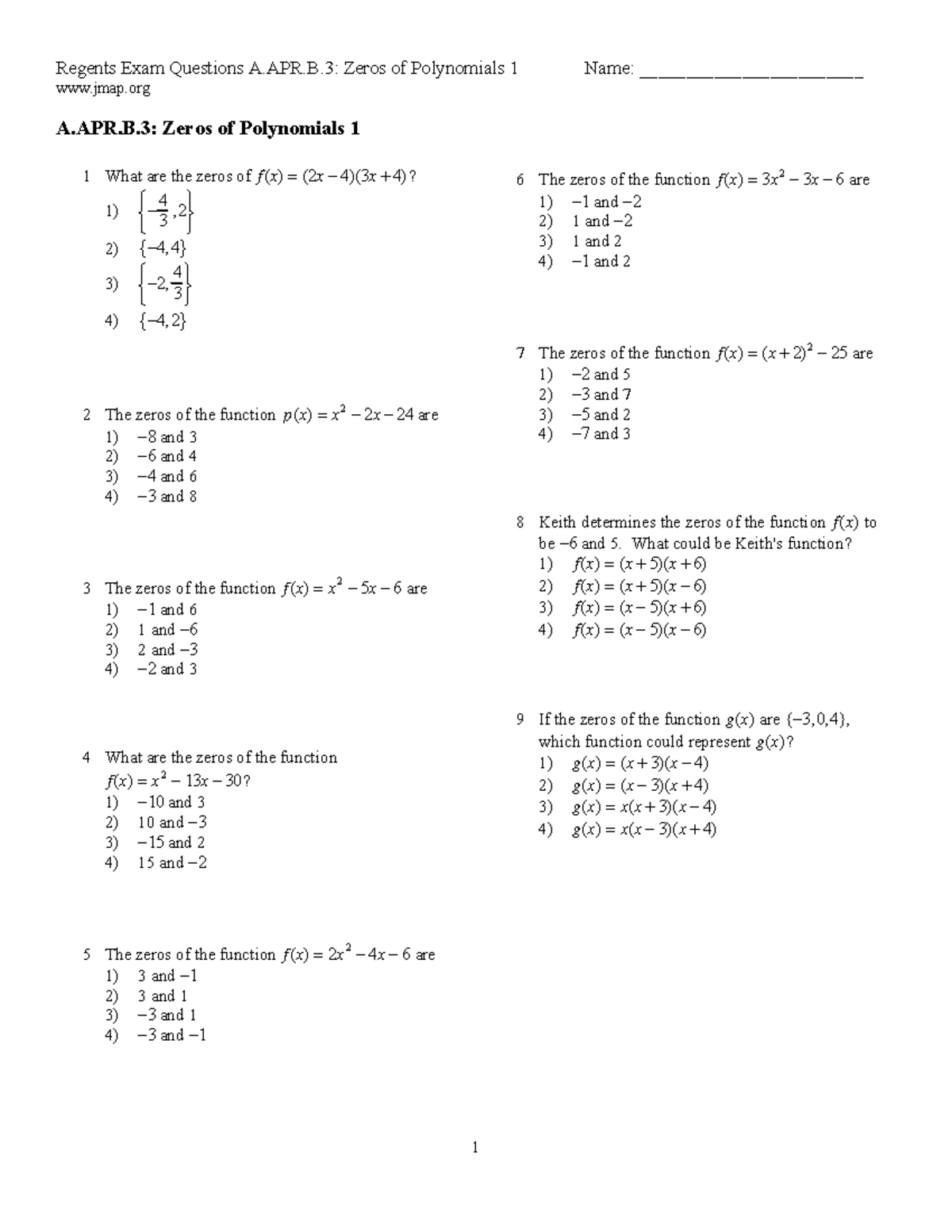 Regents Exam Questions A.APR.B.3: Zeros of Polynomials Exam View - Studocu