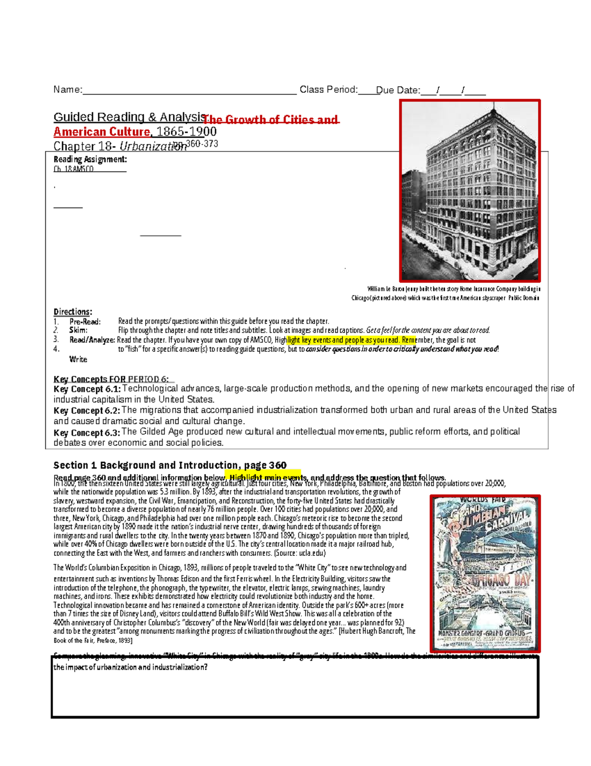 Ch. 18 AMSCO Guided Reading: Urbanization & American Culture Analysis ...