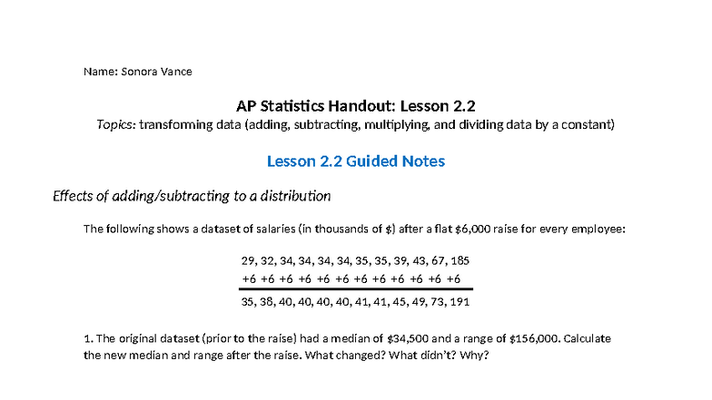 AP Statistics 20251013 Lesson 2.2: Data Transformation Guide - Studocu