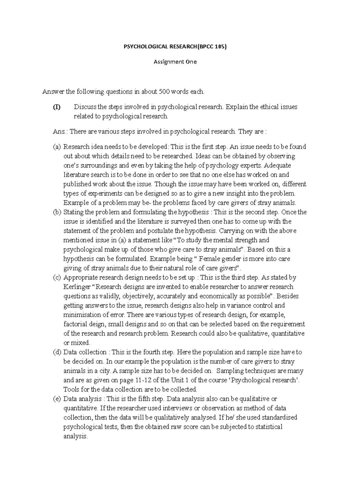 Psychological Research Steps & Ethics - BPCC 105 Assignment 1 - Studocu