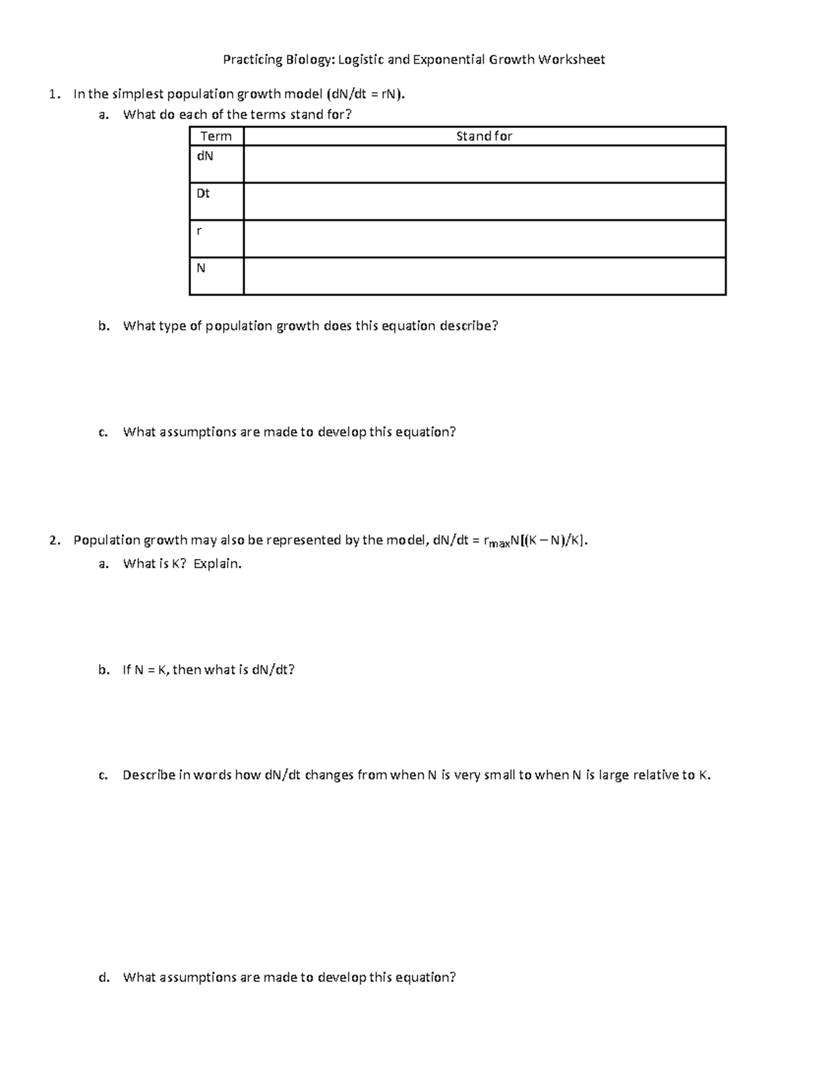 Ecology 101: Logistic & Exponential Growth Worksheet 1 - Studocu