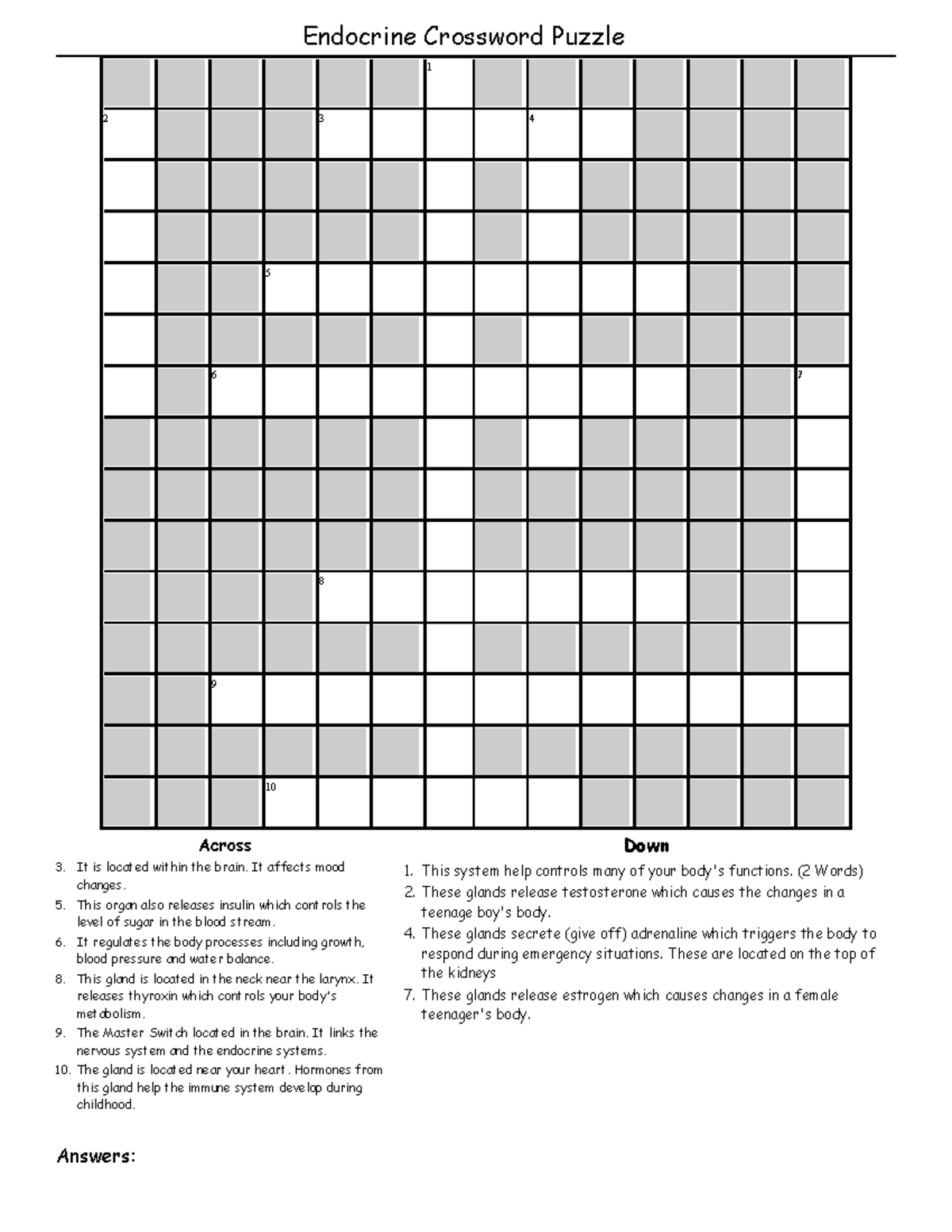 Endocrine System Hormones Crossword Puzzle