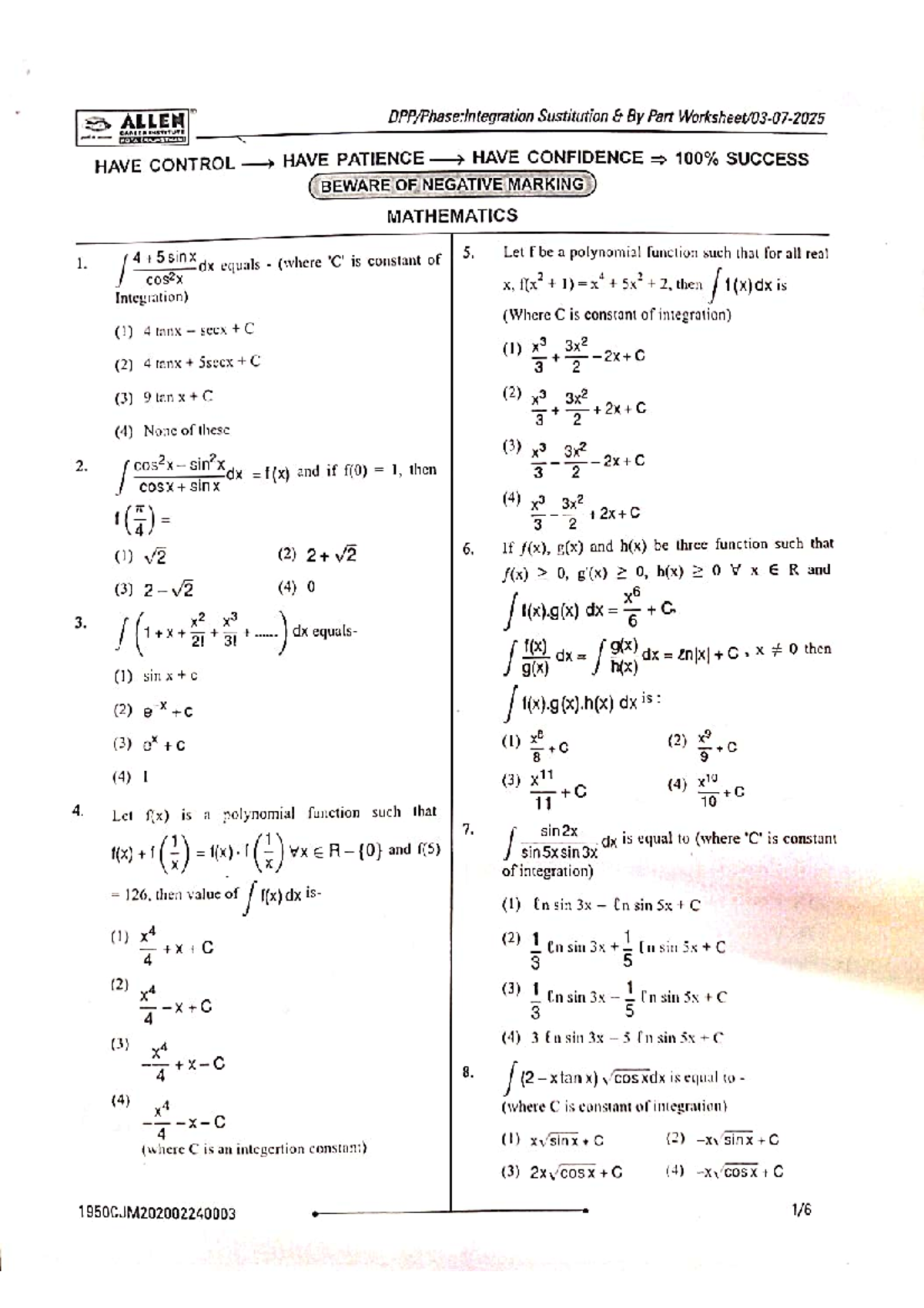 ALLEN MATHEMATICS Integration Substitution & By Parts Notes - Studocu