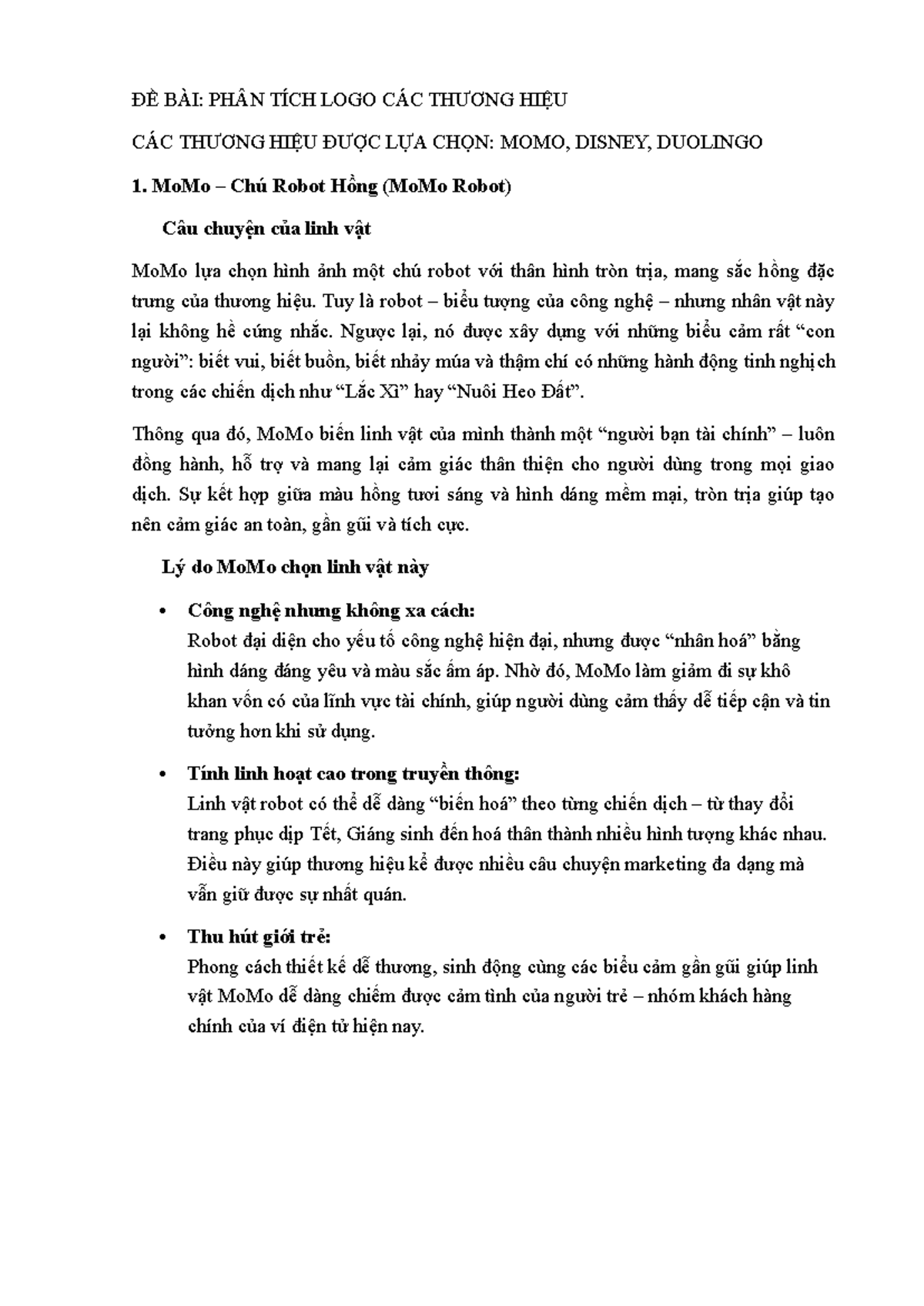 Bài Tập Phân Tích Mascot: MoMo, Disney, Duolingo - Studocu