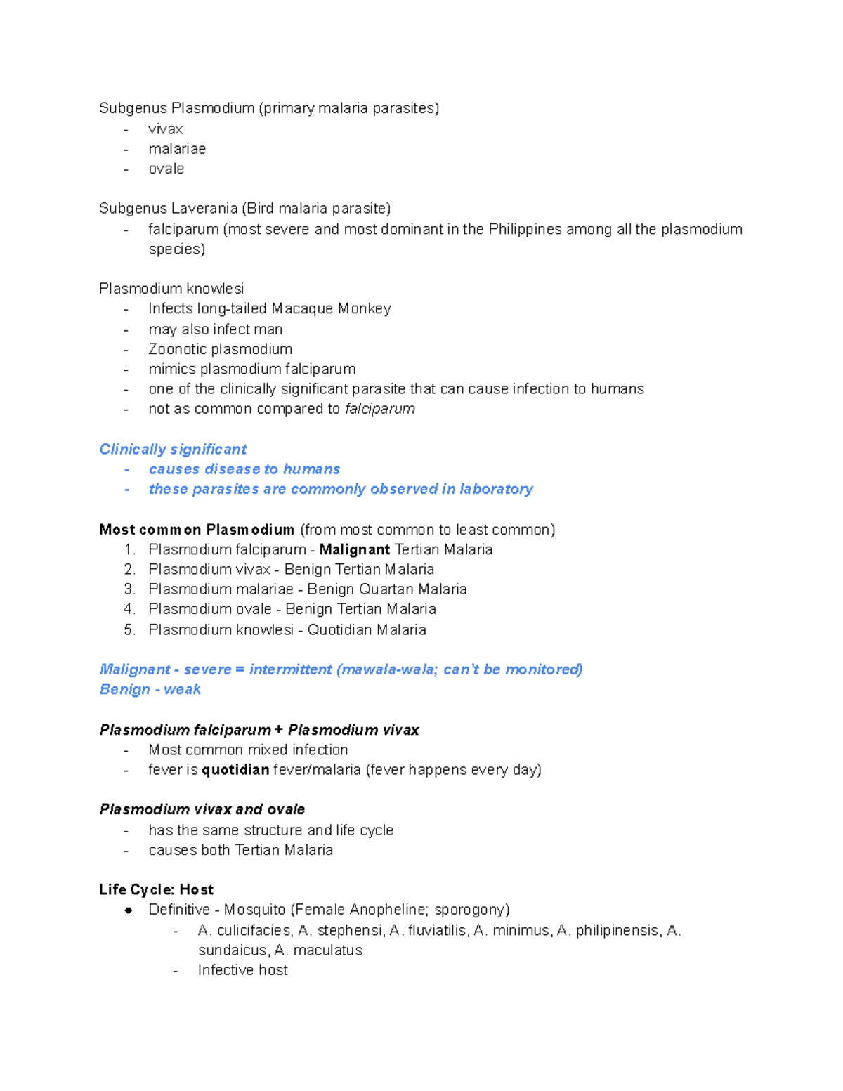 Plasmodium spp. - Comprehensive Notes on Malaria Parasites - Studocu