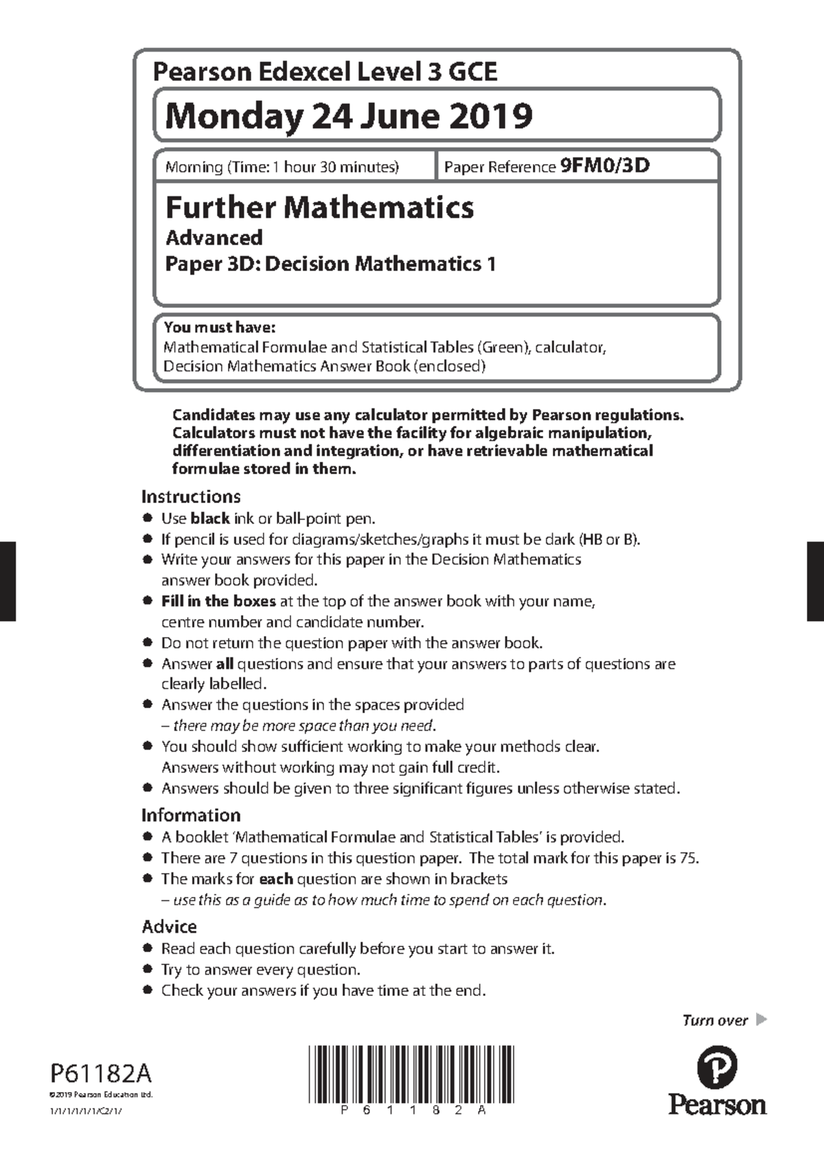 A Level Decision Mathematics 1 (9FM0-03D) June 2019 Exam Paper - Studocu