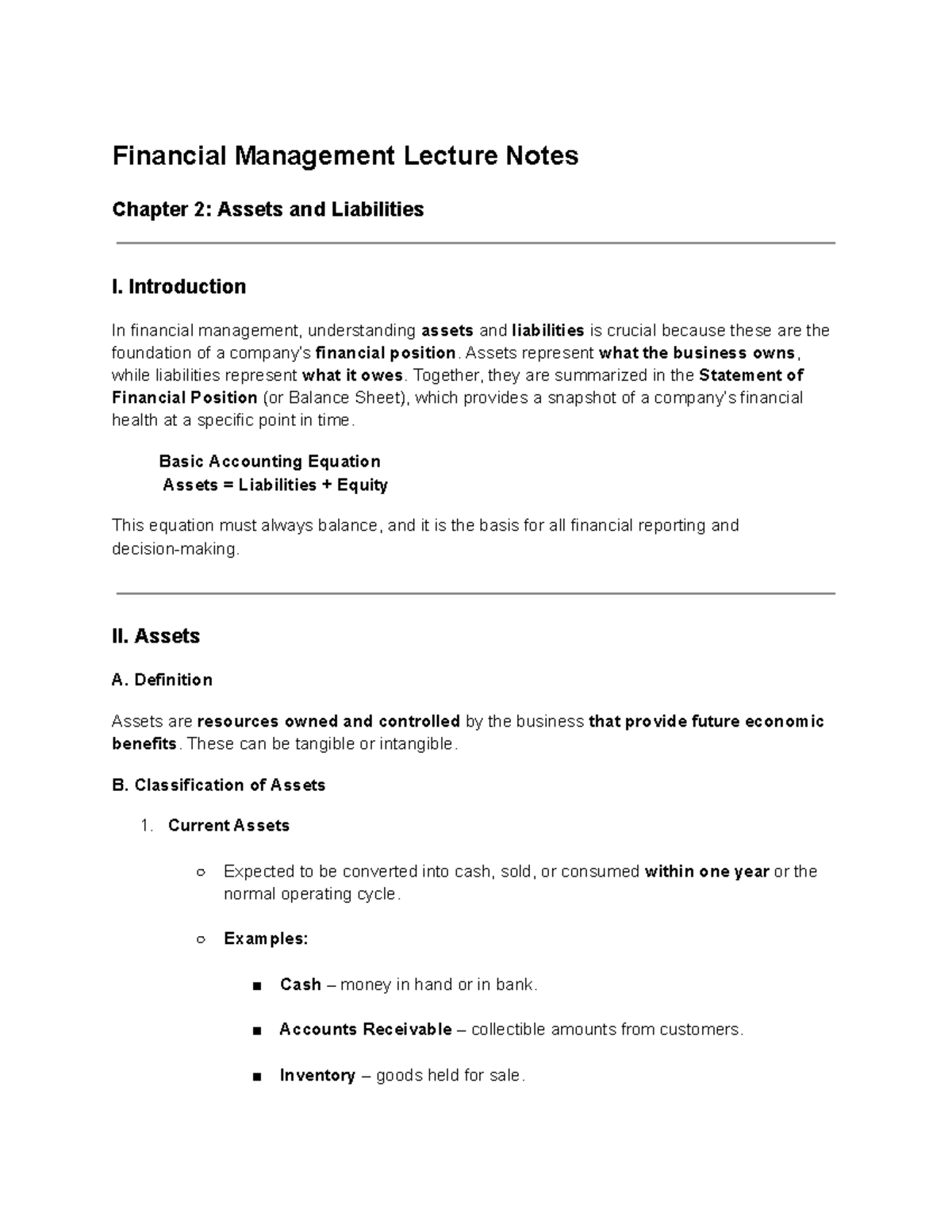 Financial Management Lecture Notes: Chapter 2 - Assets & Liabilities ...