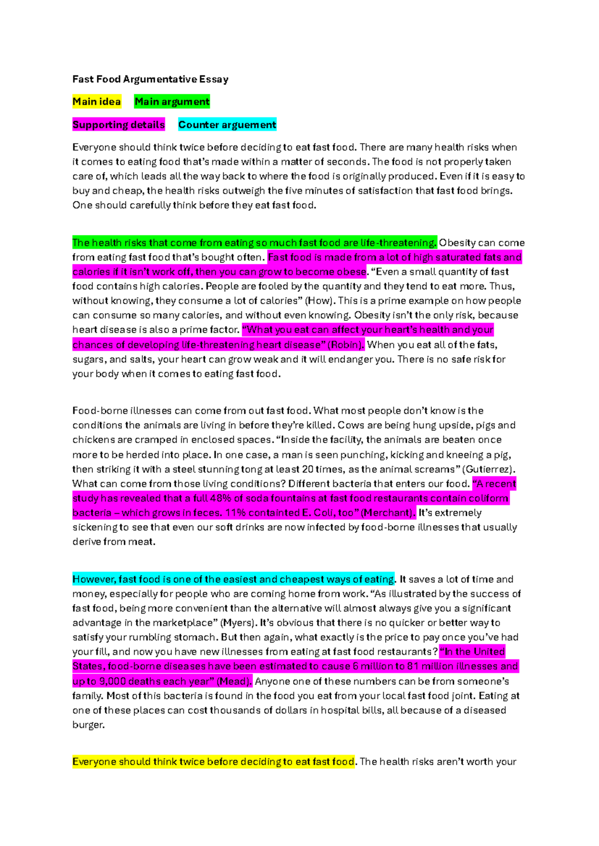 ENG 101: Argumentative Essay on Fast Food Health Risks - Studocu