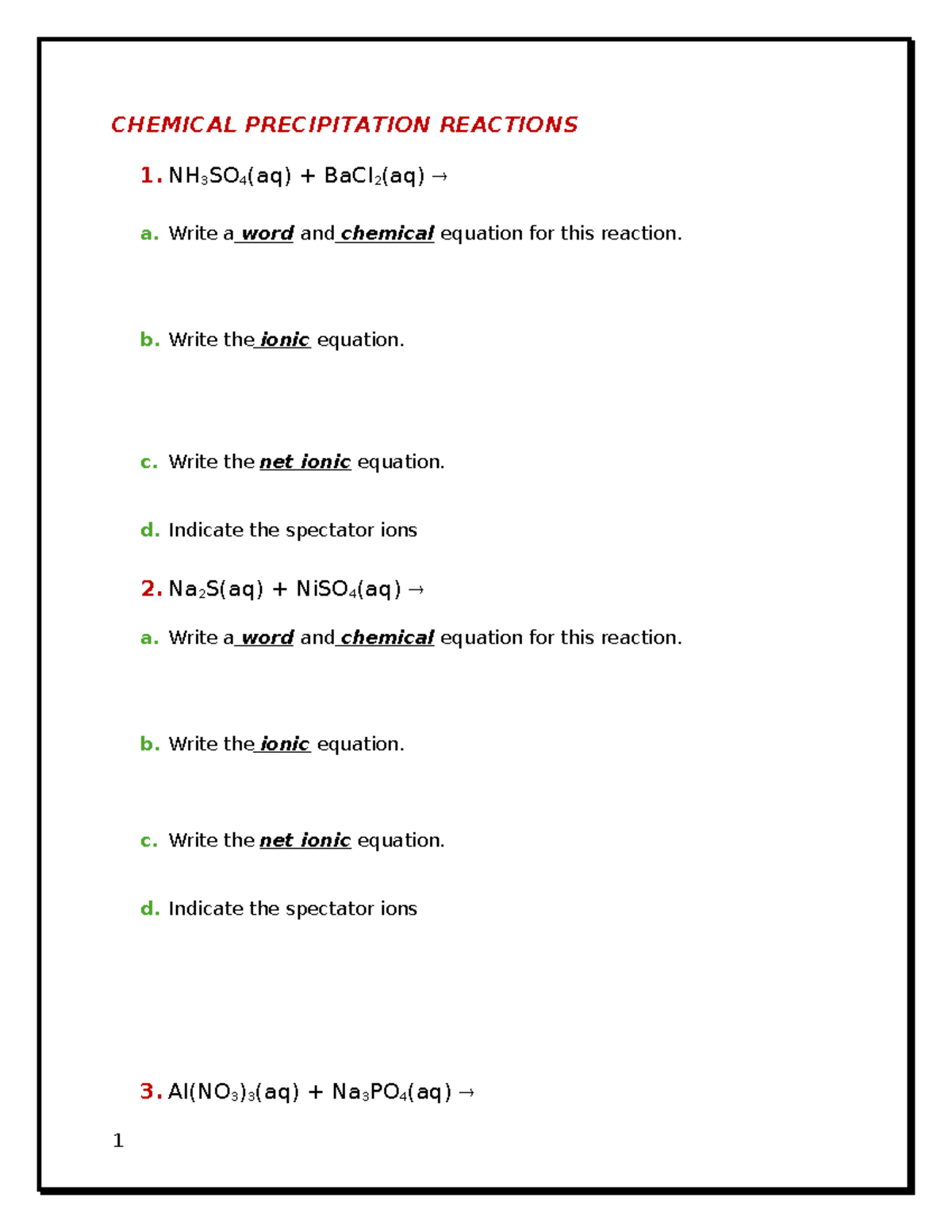 CHEM 101: Chemical Precipitation Reactions and Ionic Equations - Studocu