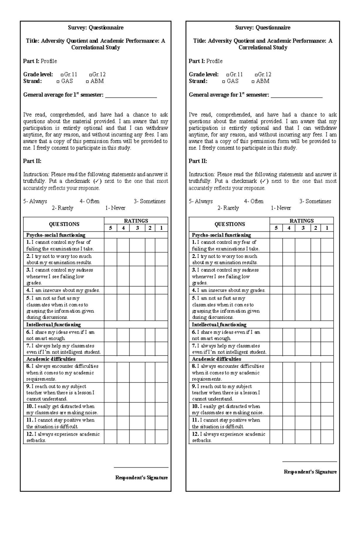 Adversity Quotient and Academic Performance Survey Questionnaire - Studocu