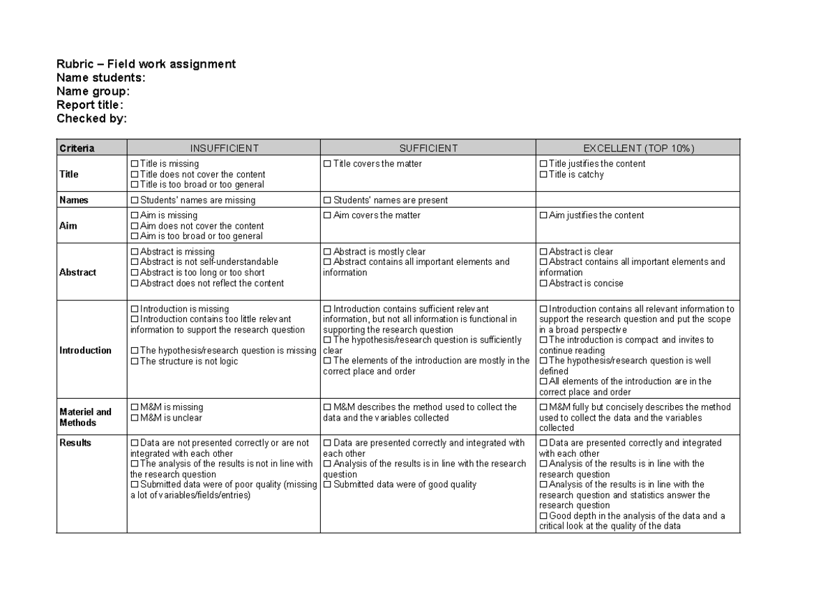 Field Work Assignment Rubric – Evaluation Criteria and Guidelines ...