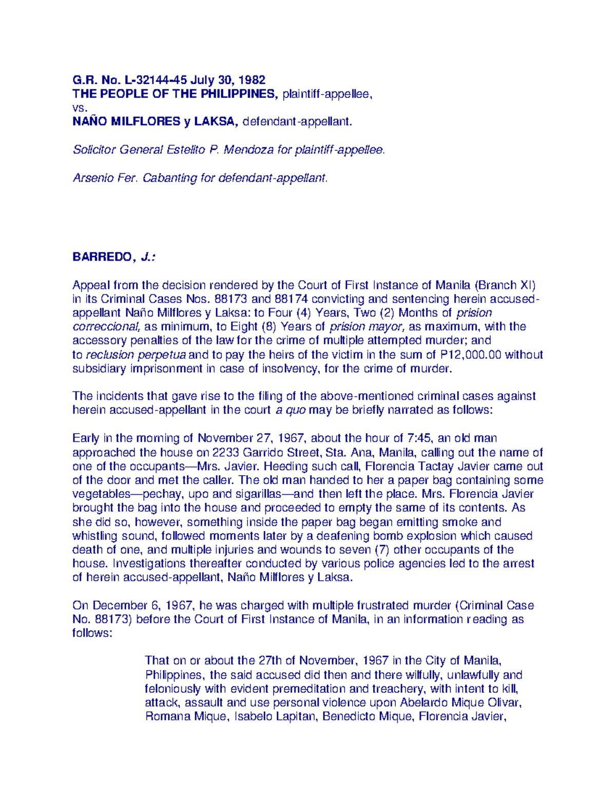 G.R. No. L-32144-45: Case Study on Multiple Attempted Murder & Murder ...