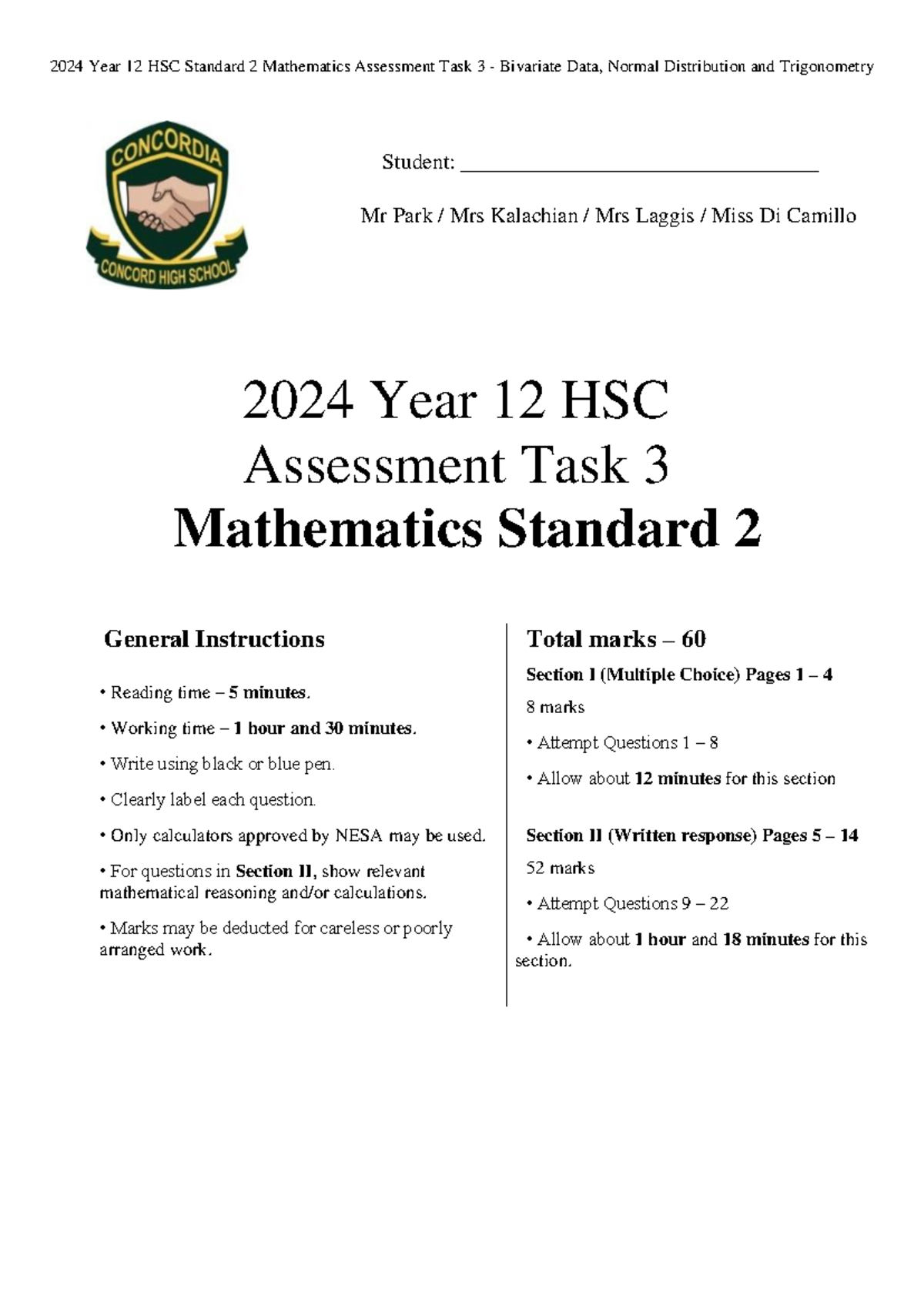 2024 Year 12 HSC Standard 2 Mathematics Task 3: Trigonometry ...