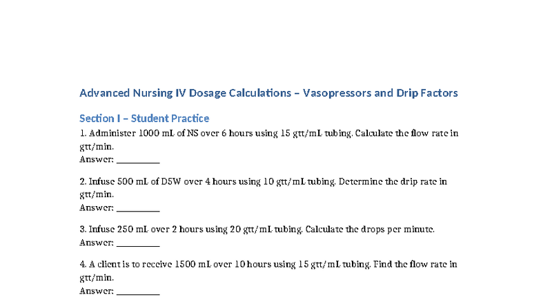 Advanced Nursing IV Practice Math Questions: Dosage Calculations & Drip ...