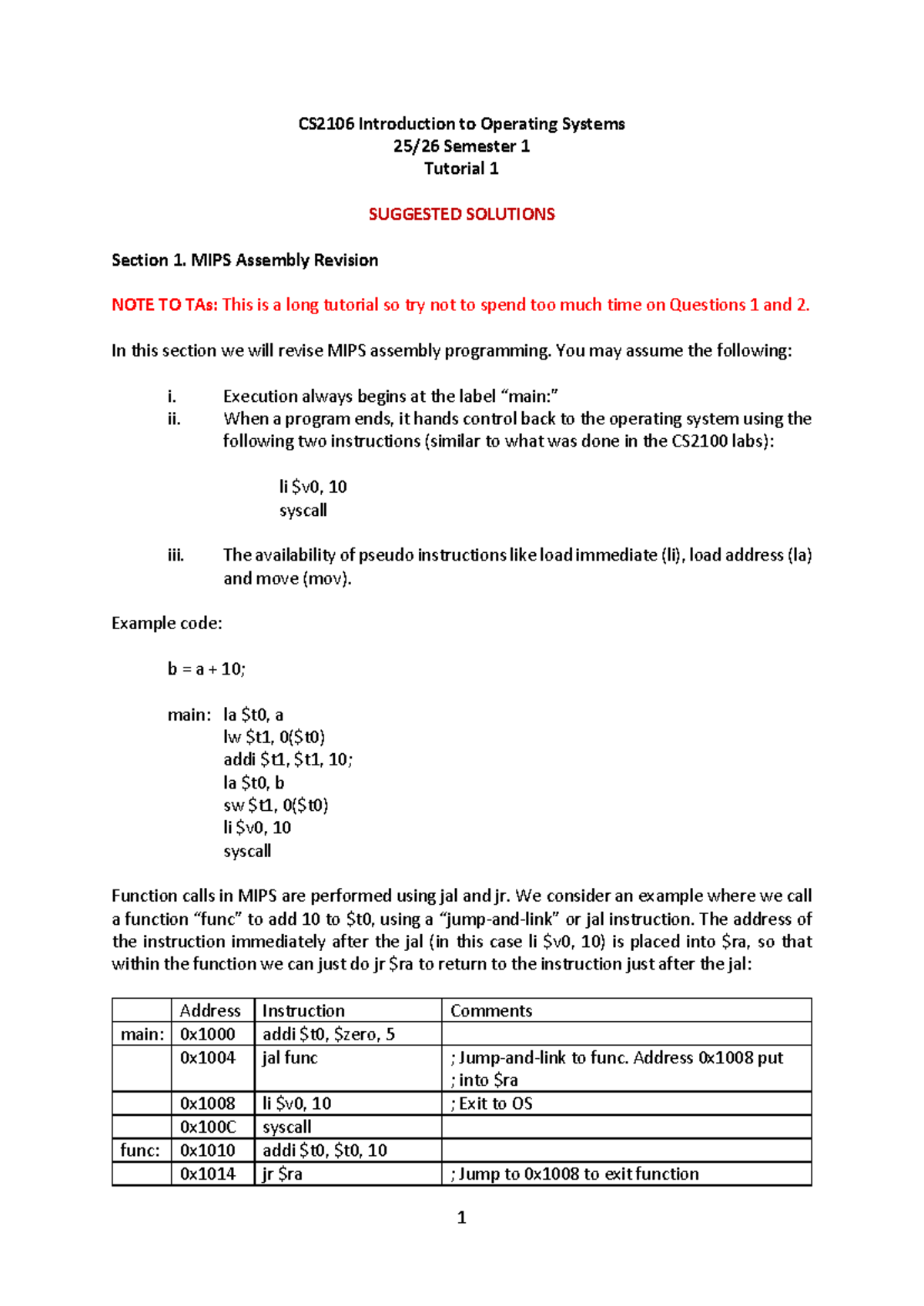 CS2106 Operating Systems Semester 1 Tutorial 1 MIPS Assembly Solutions - Studocu