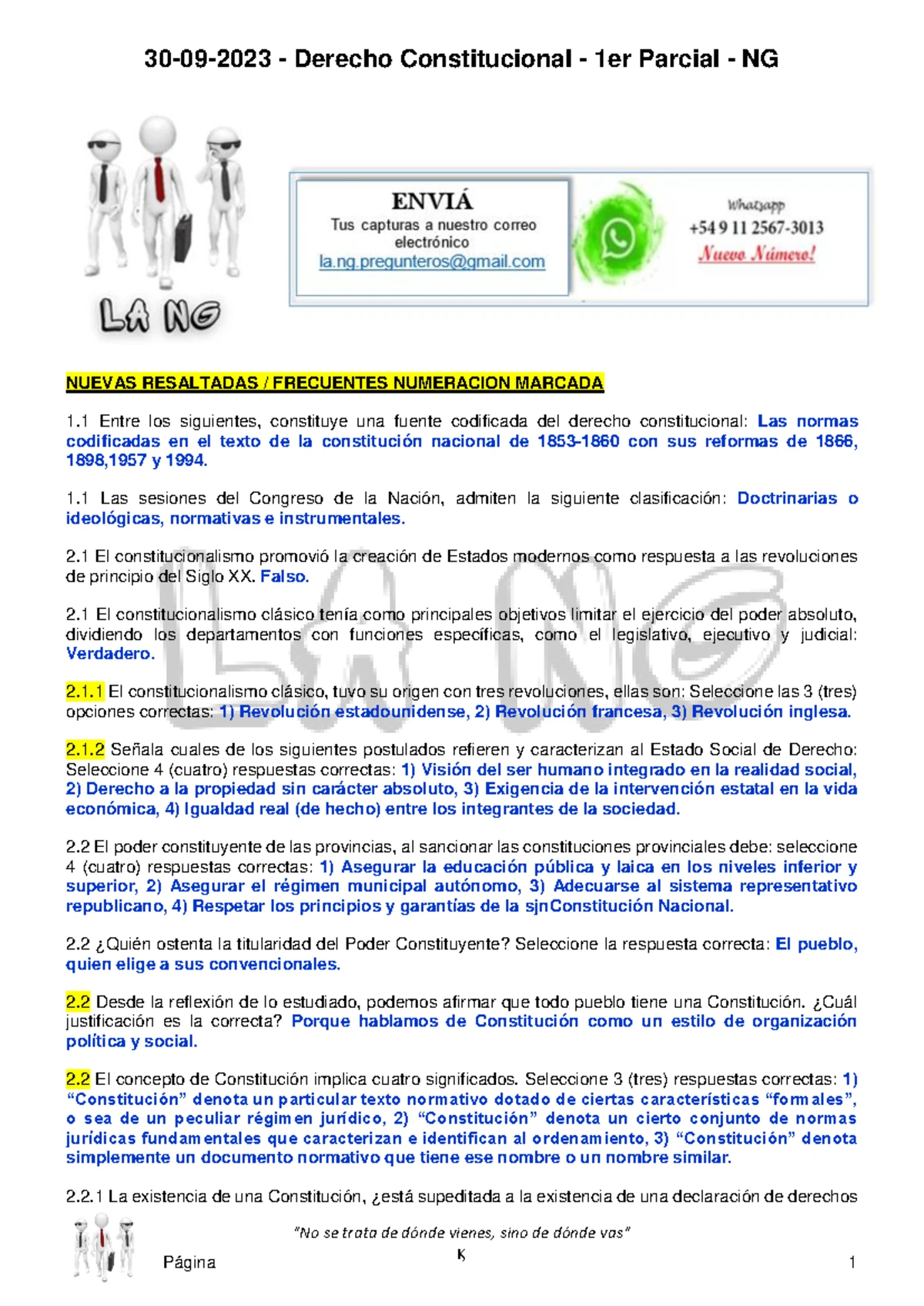 30-09-2023 - Derecho Constitucional - 1er Parcial - NG🍀 - "No se trata de dÛnde vienes, sino de ...