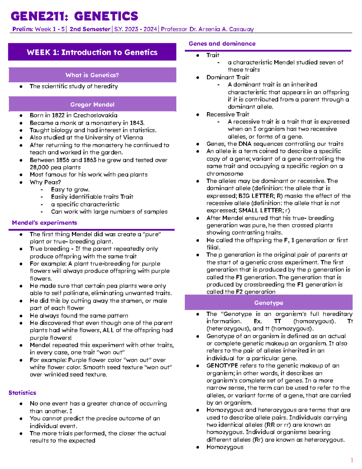 GENE211: Genetics Prelim Week 1 - Introduction to Mendelian Genetics ...