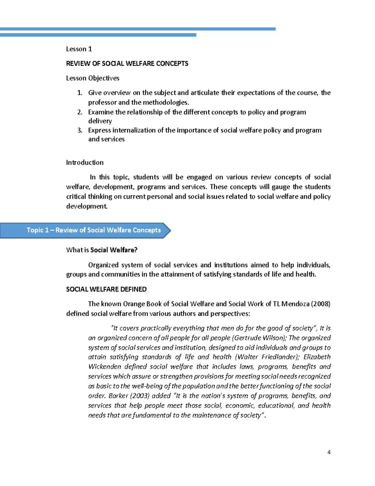 Social Welfare Concepts and Policies Overview - Lesson 1 - Studocu