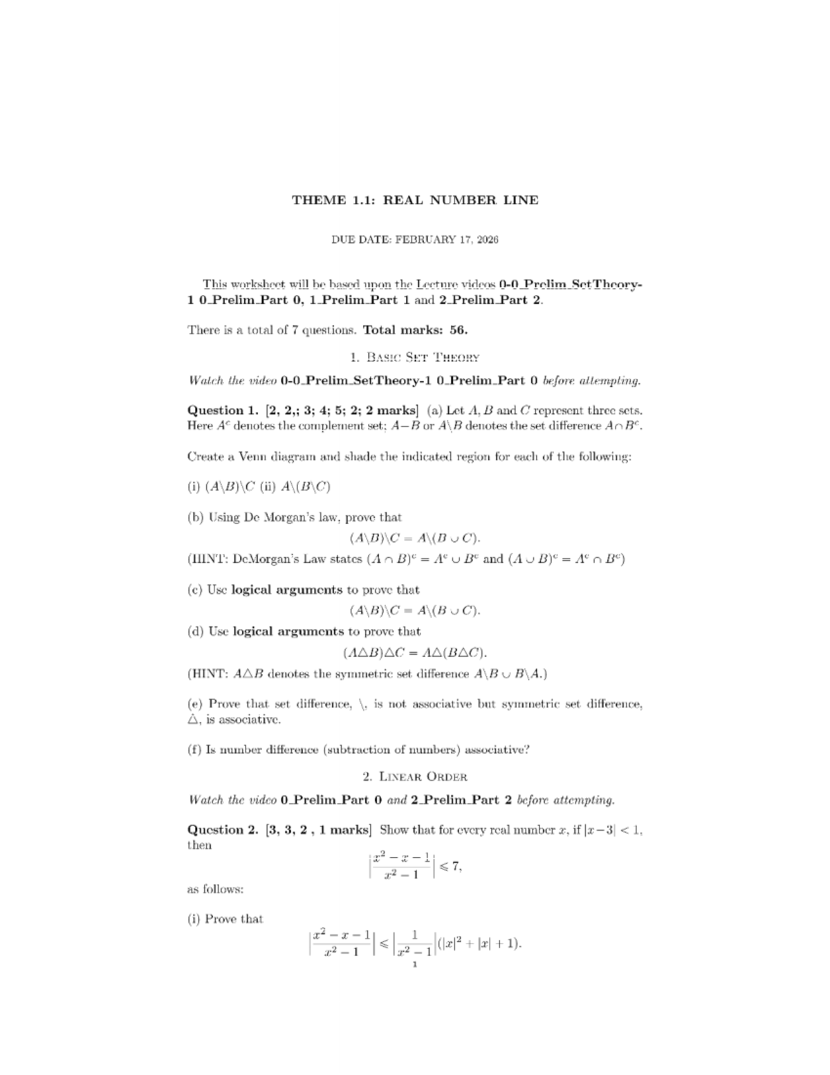 Ass1 2026: Real Number Line & Set Theory Worksheet - Studocu