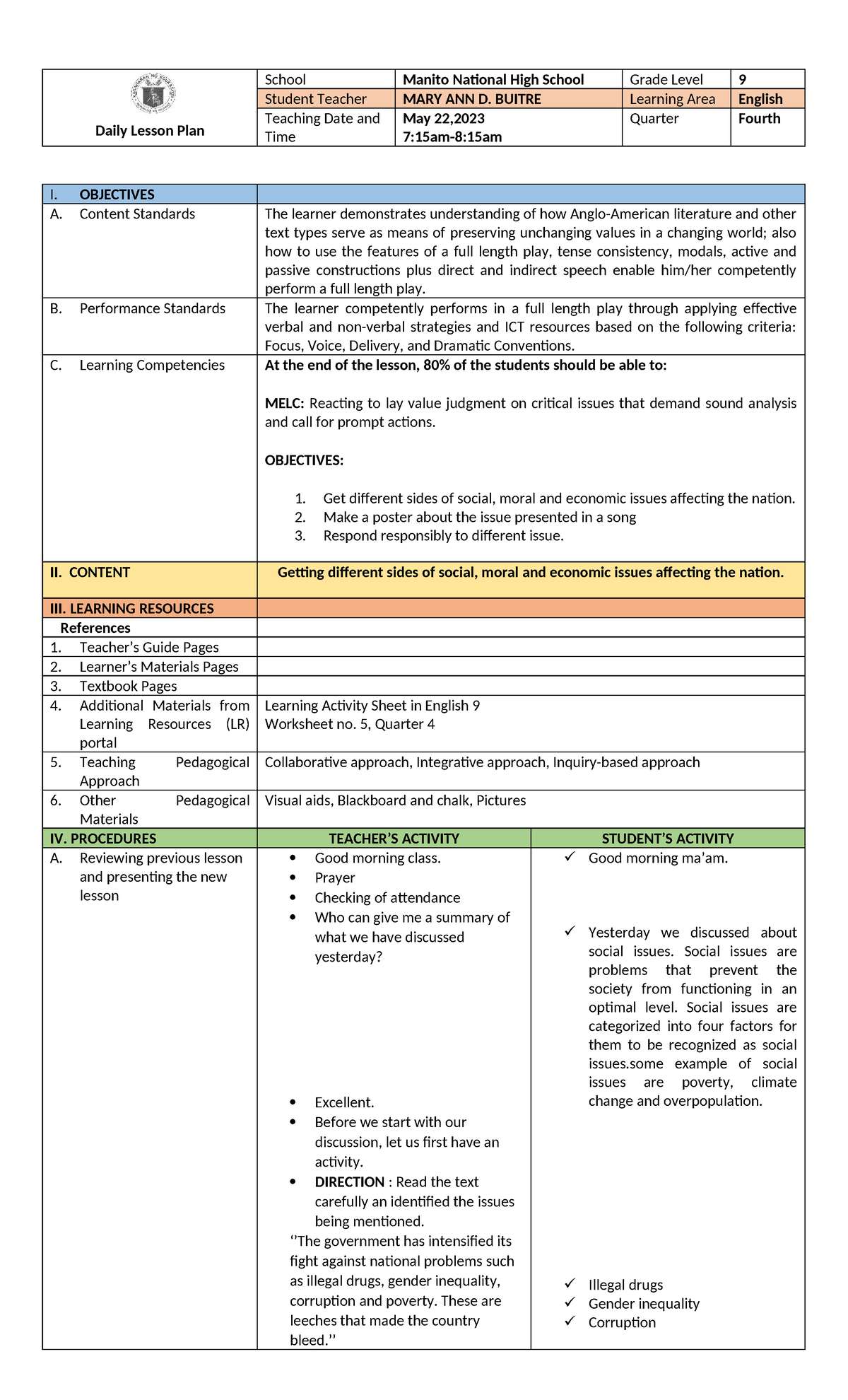 Daily Lesson Plan: Understanding Social, Moral, and Economic Issues ...