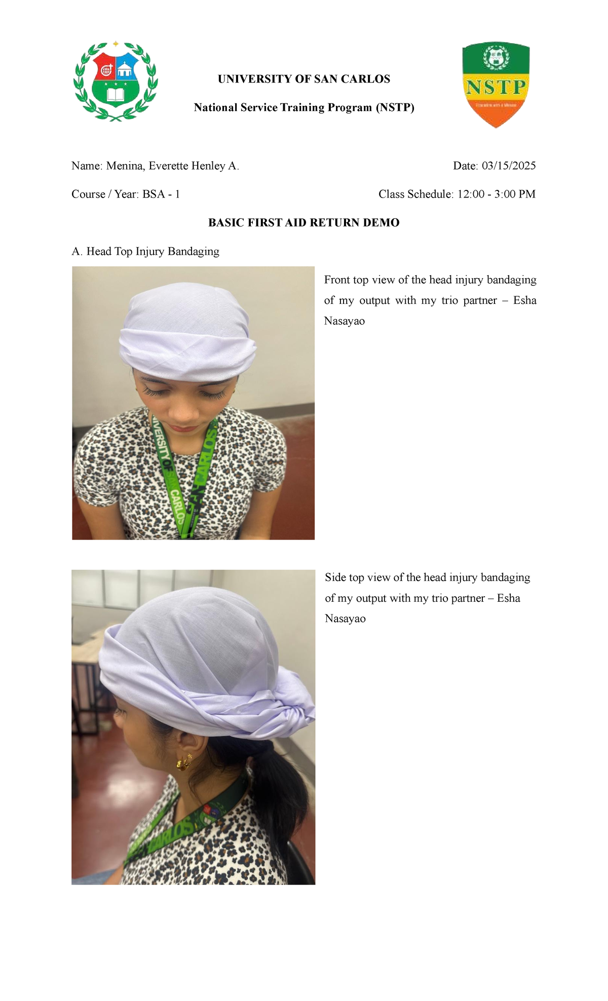 Basic First Aid Output - UNIVERSITY OF SAN CARLOS National Service Training Program (NSTP) Name ...