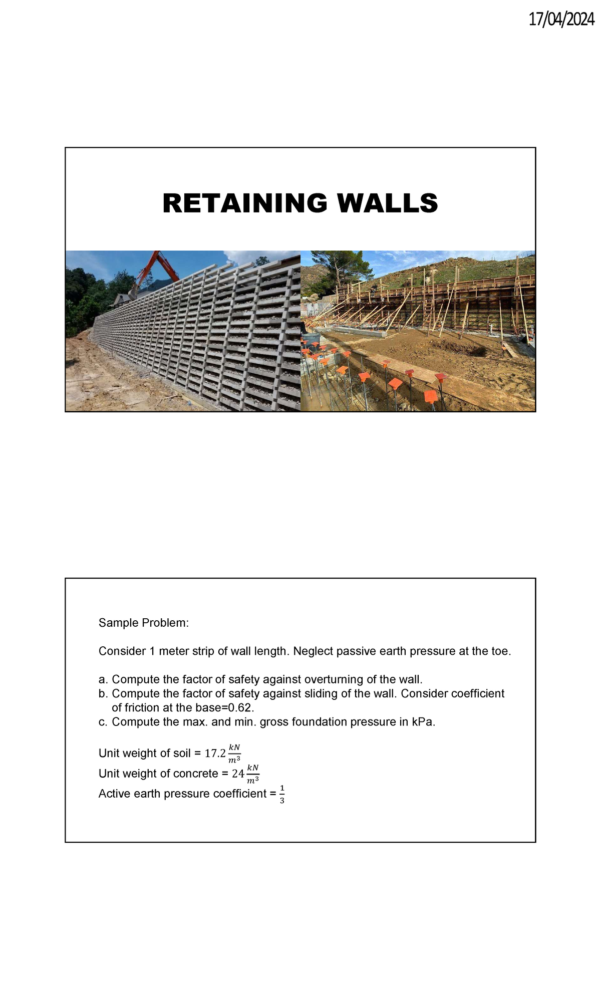 L7 Retaining Wall Sample Problems and Factor of Safety Calculations ...