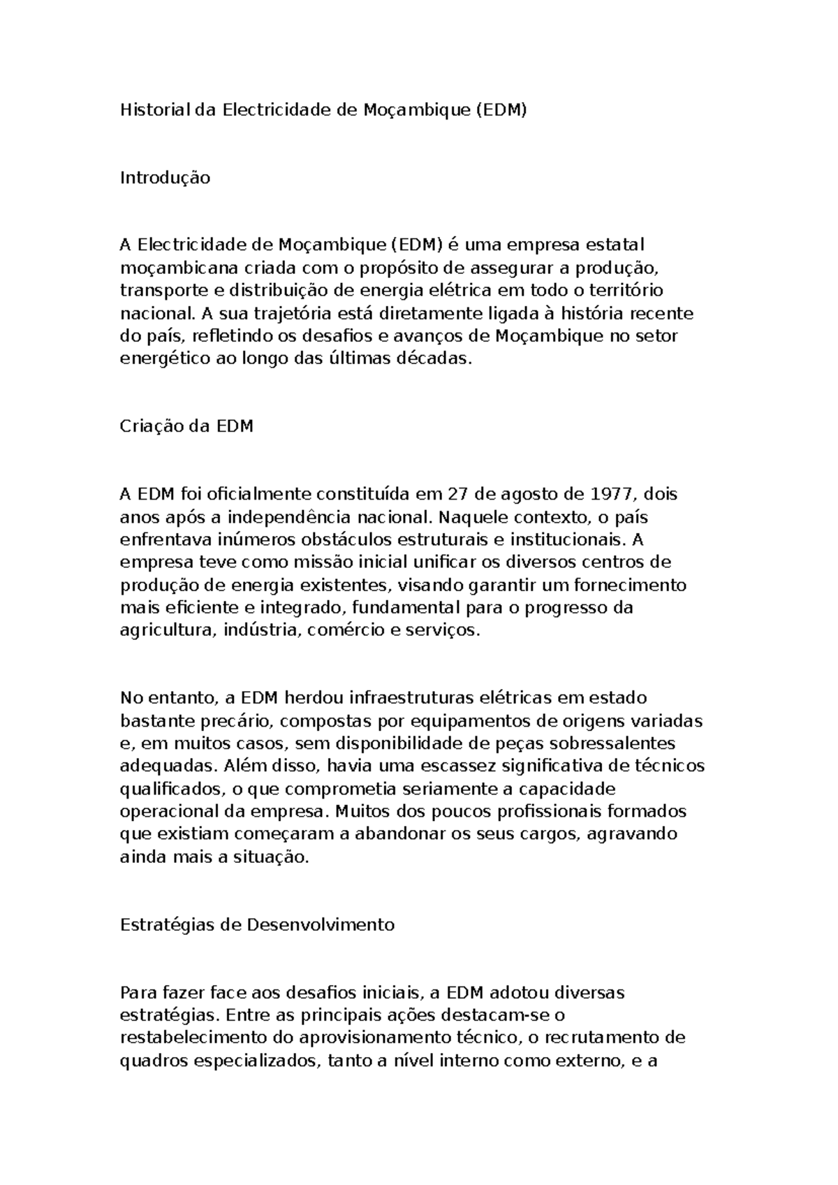 Relatório Final de Estágio na Electricidade de Moçambique (EDM) - Studocu