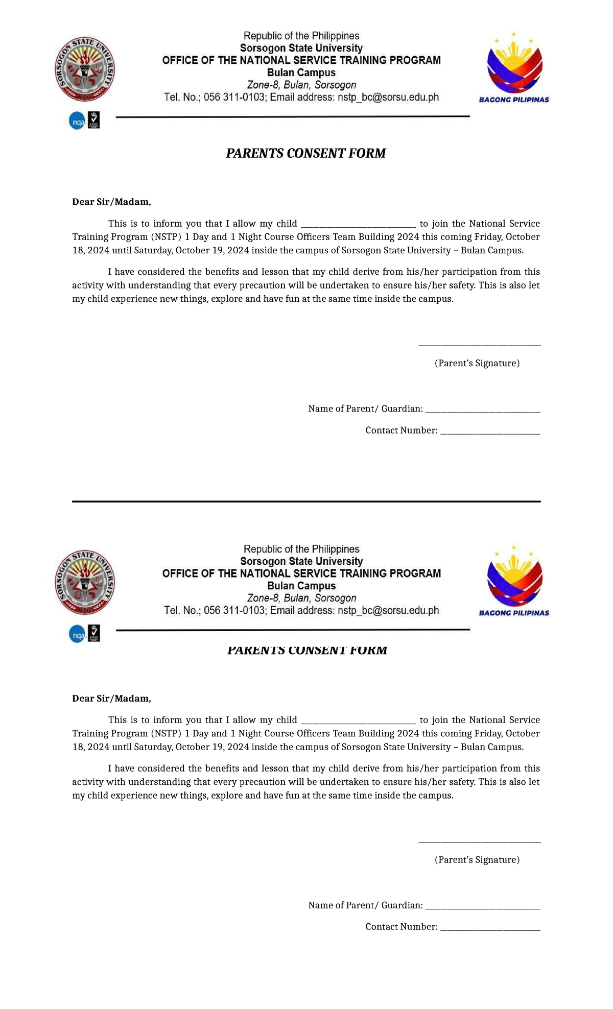 NSTP Parent Consent Form for Team Building Event 2024 - Studocu