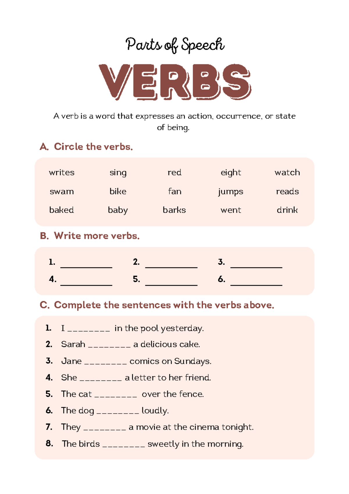 Parts of Speech: Verbs, Nouns, and Adverbs Activities - Studocu