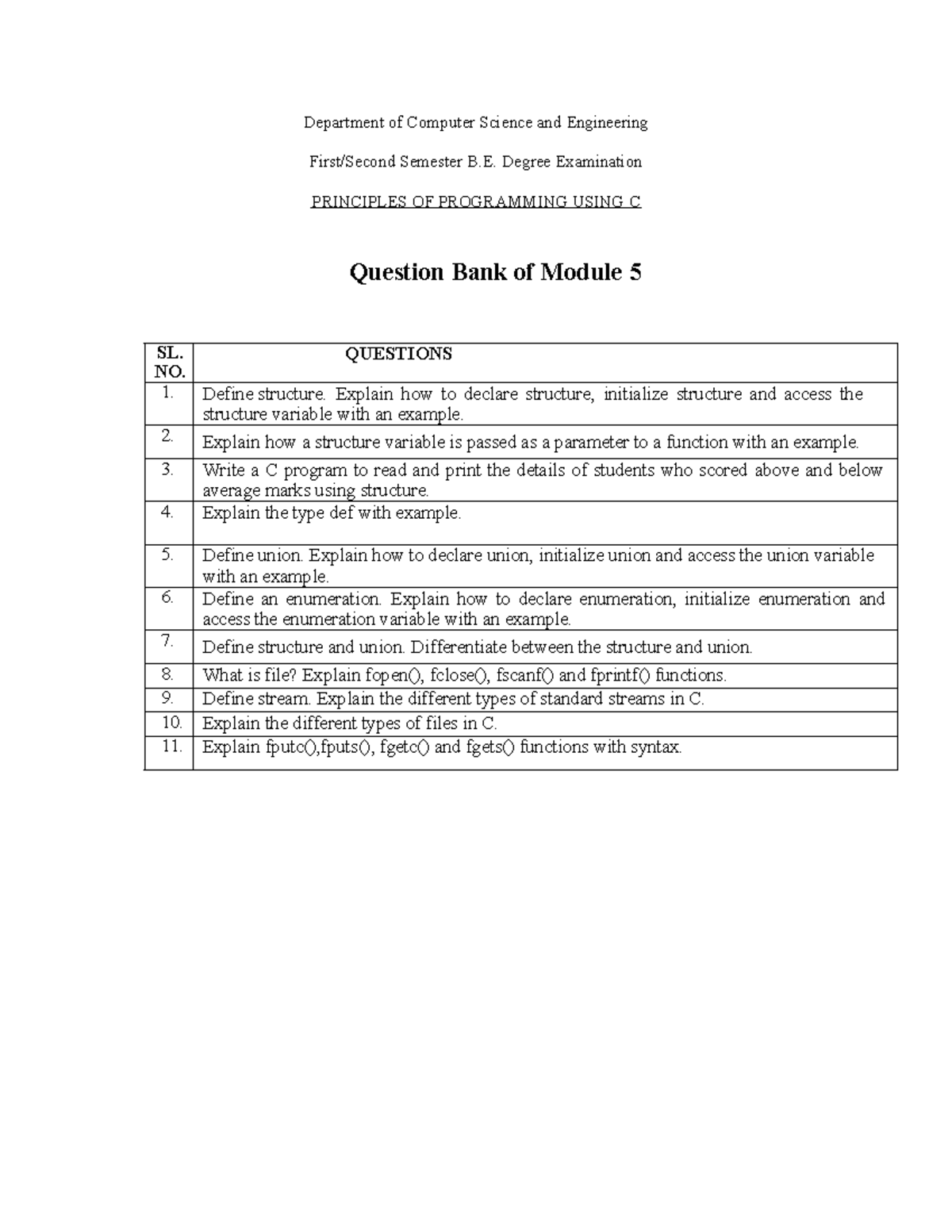 CSE B.E. Exam Question Bank: Principles of Programming Using C - Module ...