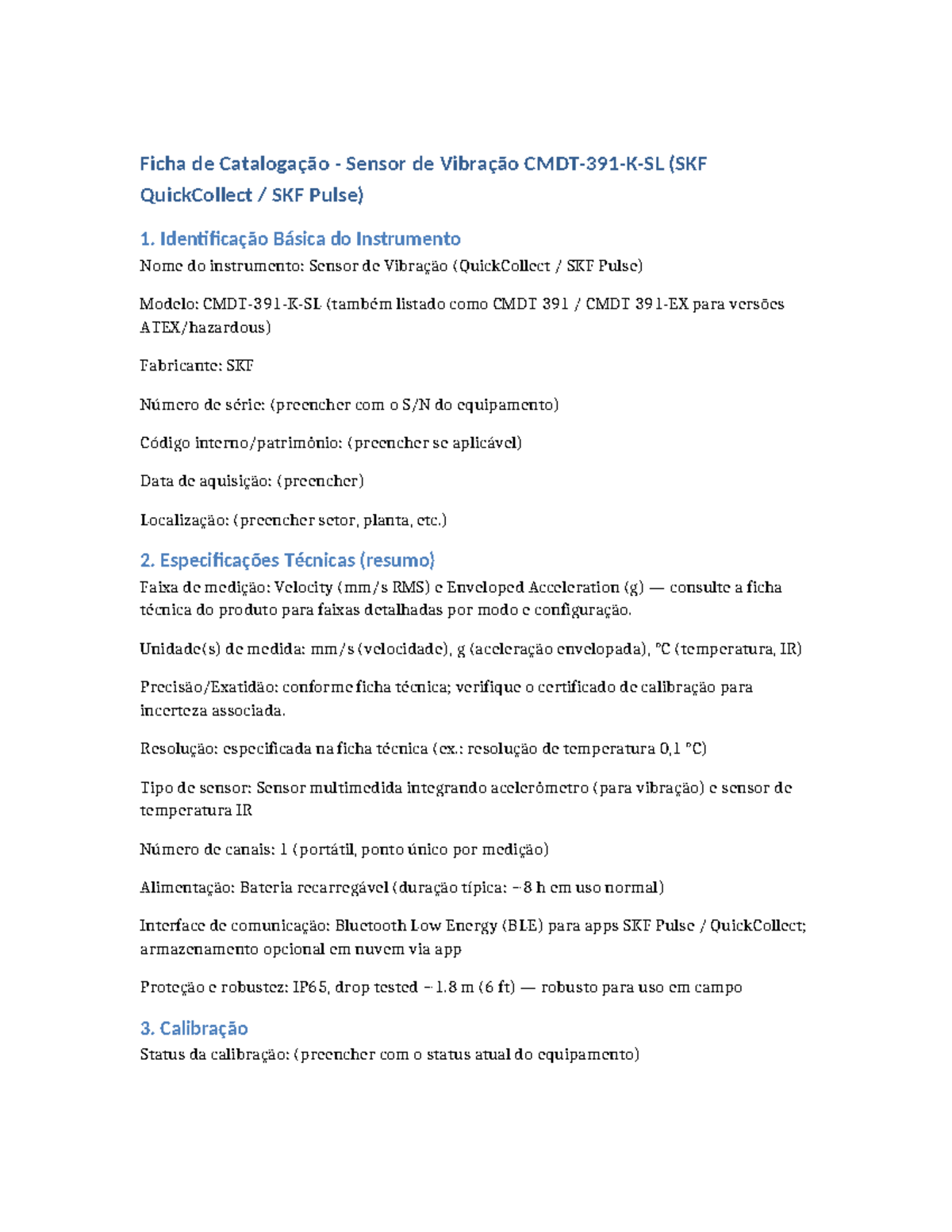 Ficha de Catalogação do Sensor de Vibração CMDT-391-K-SL SKF ...