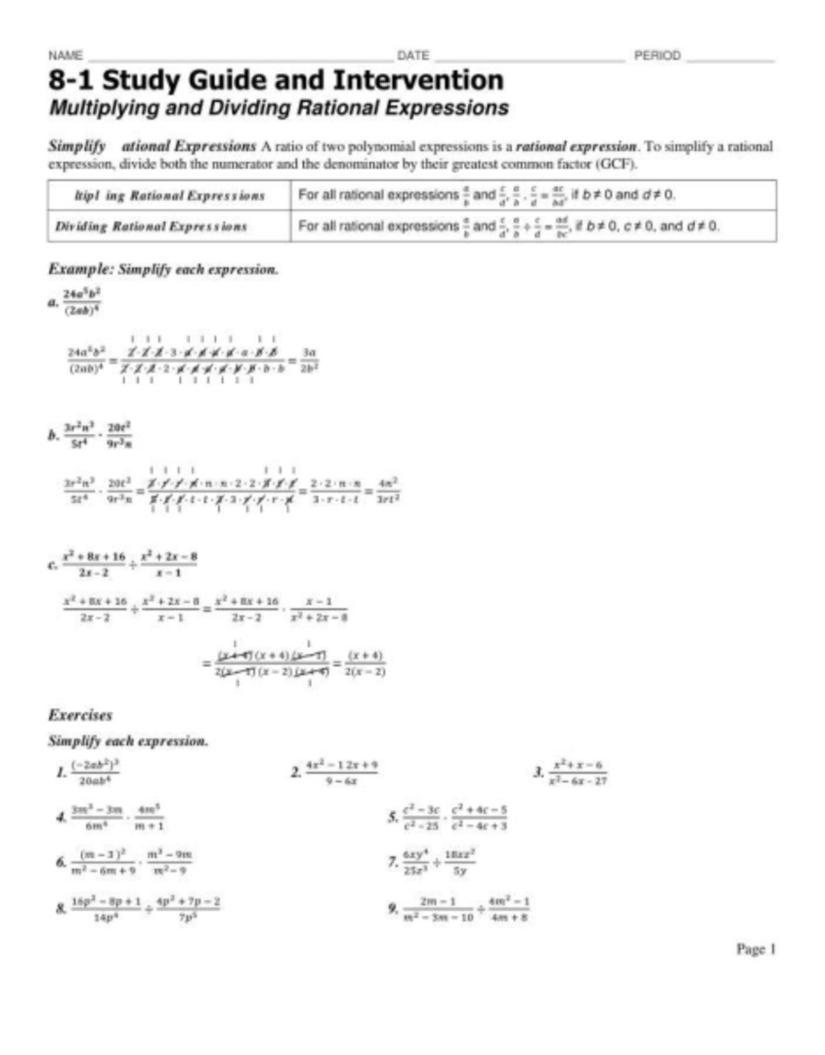 MATH 101 Study Guide: Multiplying & Dividing Rational Expressions - Studocu