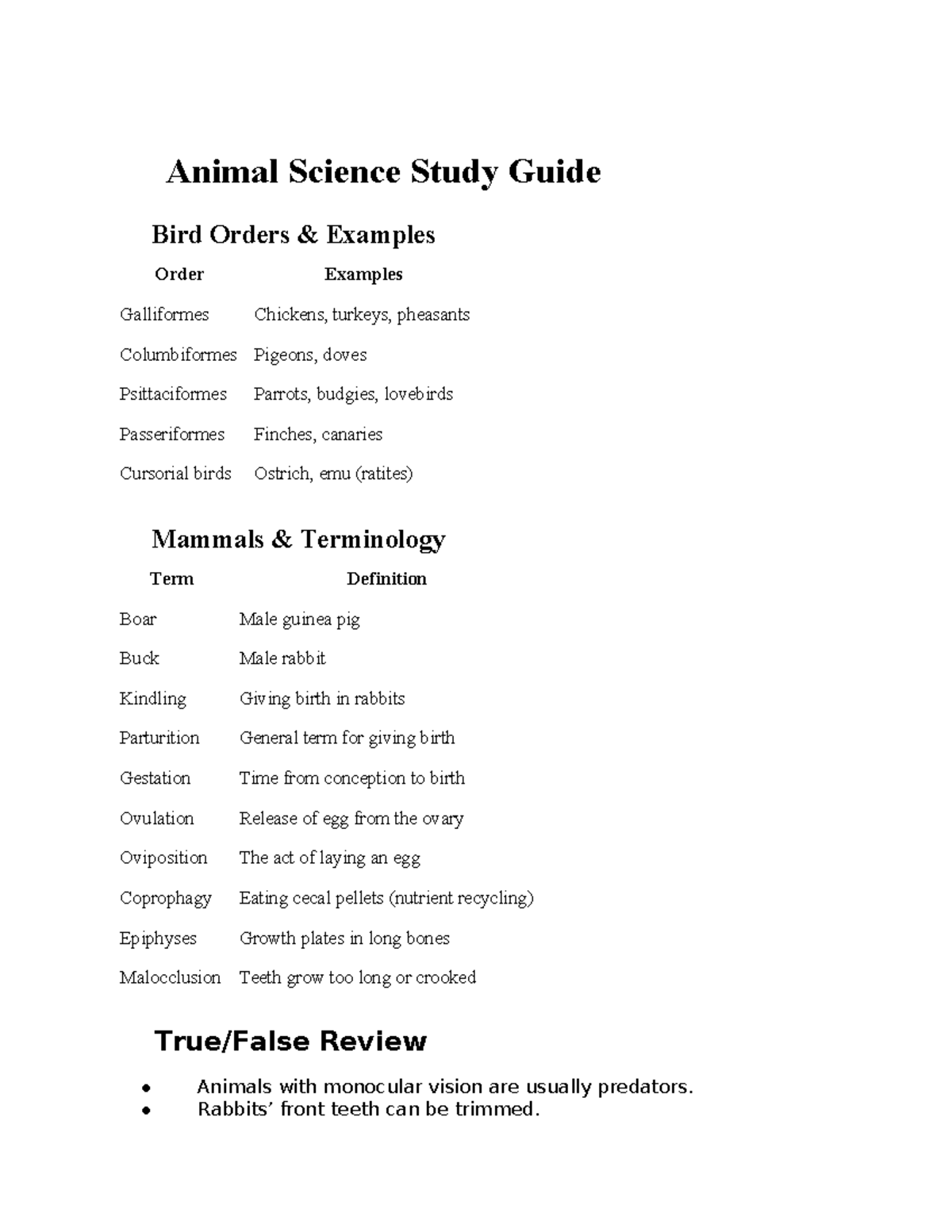 Animal Science Study Guide: Bird & Mammal Orders and Terminology - Studocu