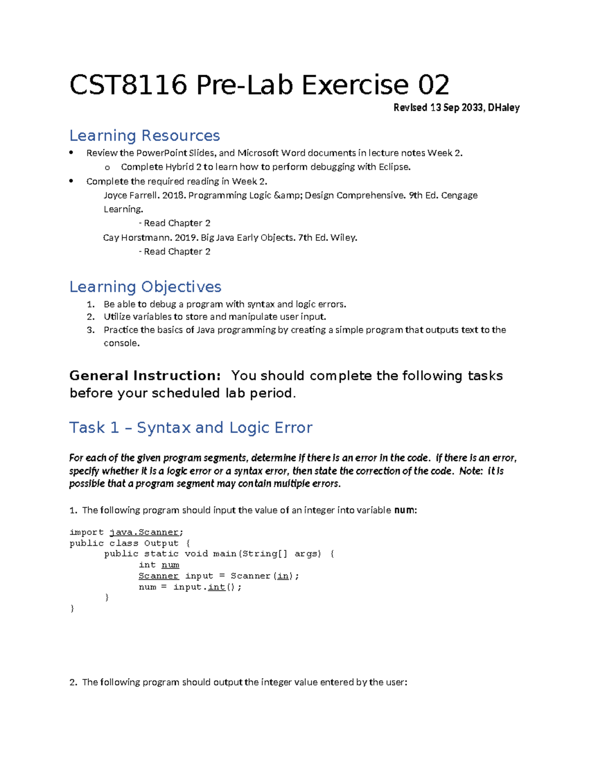 Pre-Lab Exercise 02 - Rev1 - CST8116 Pre-Lab Exercise 02 Revised 13 Sep ...