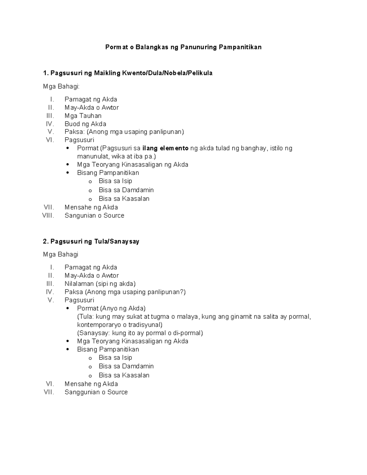 Balangkas ng Panunuring Pampanitikan: Format at mga Bahagi - Studocu