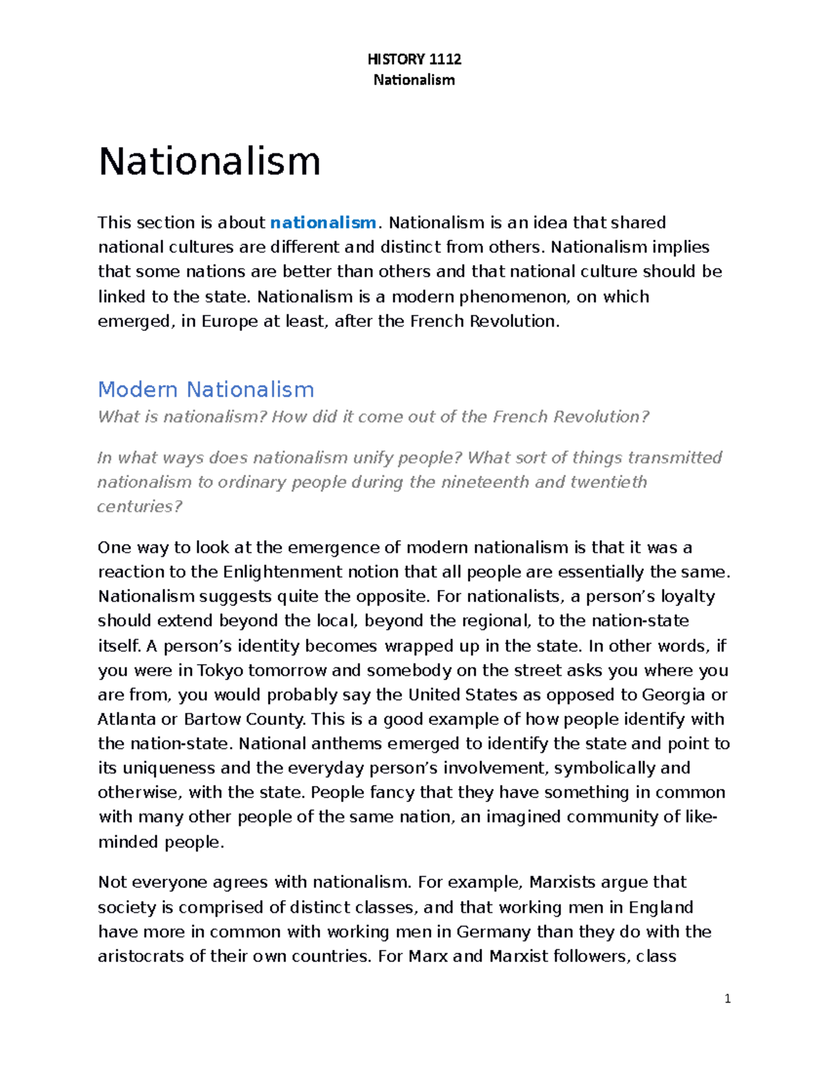 HIST 1112 - Understanding Nationalism: From the French Revolution to ...