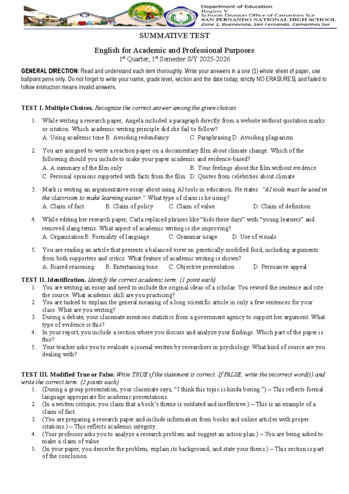 Summative Test: English for Academic & Professional Purposes 1st Qtr ...