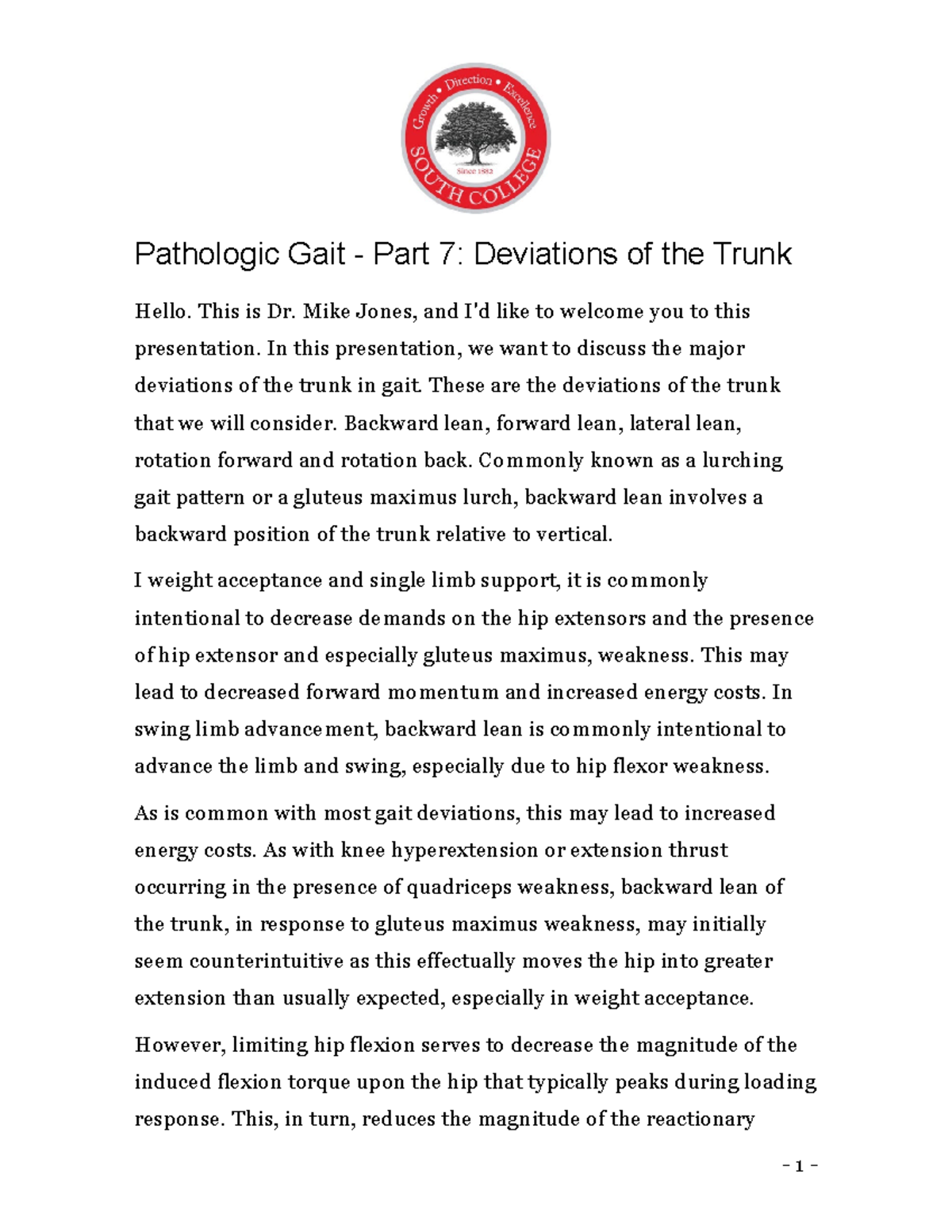 Pathologic Gait (PT 101): Trunk Deviations Analysis and Implications ...