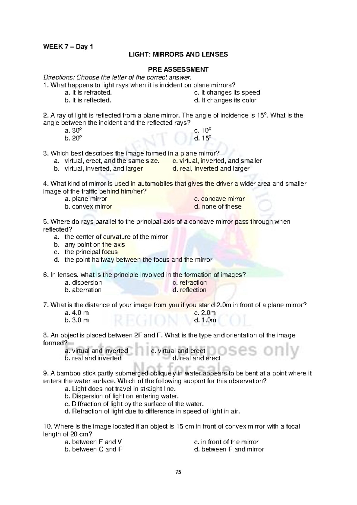 WEEK 7, DAY 1: LIGHT - MIRRORS AND LENSES PRE-ASSESSMENT (S10FE-IIg-50 ...