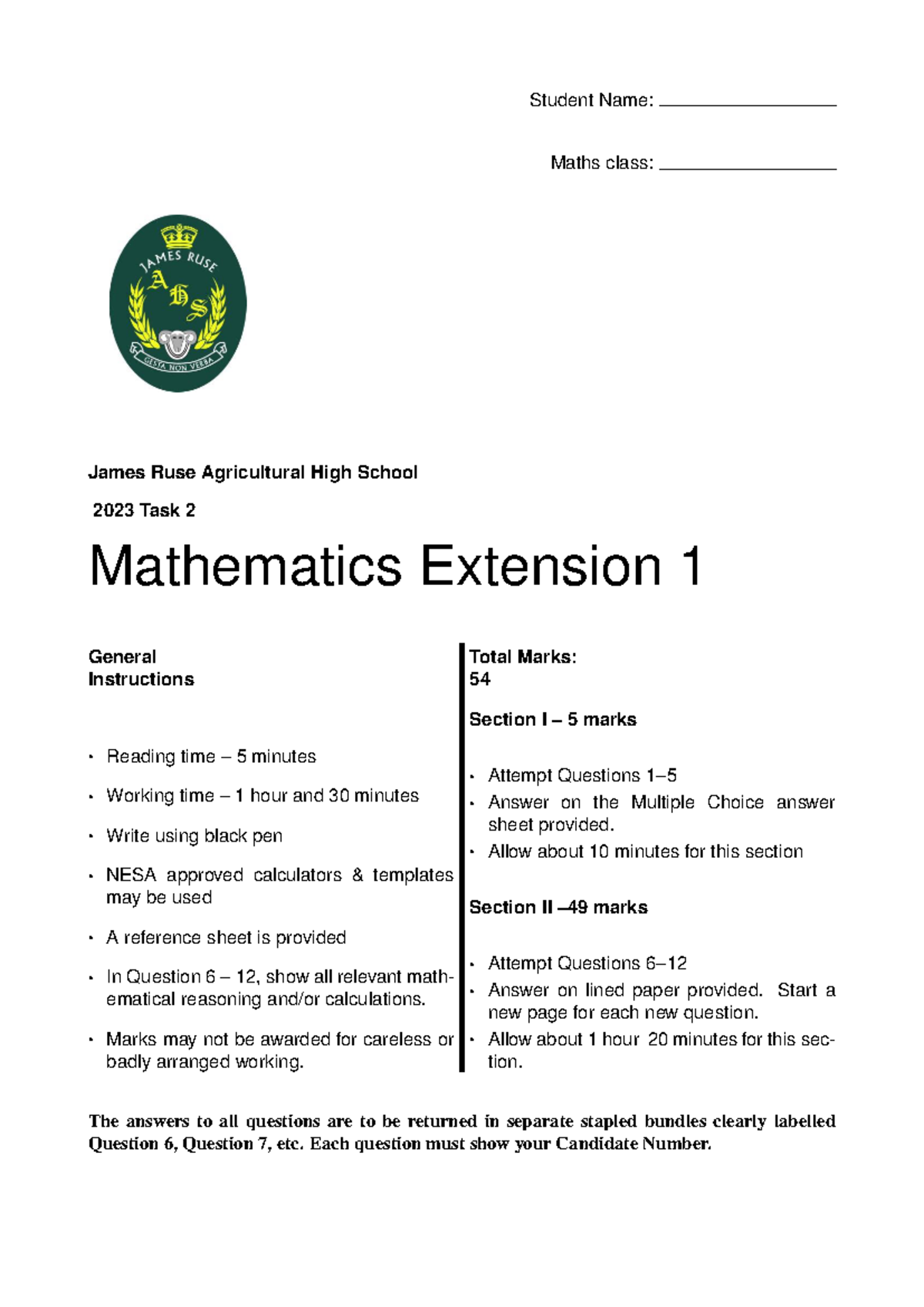 Mathematics Ext 1 2023 Task 2 - Practice Material for James Ruse - Studocu