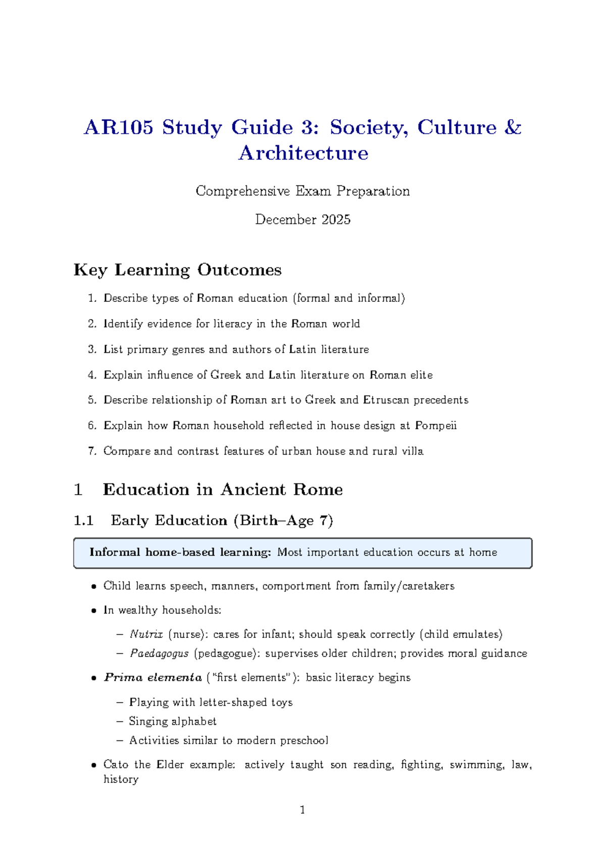 AR105 Study Guide 3: Comprehensive Exam Prep on Roman Society & Culture ...