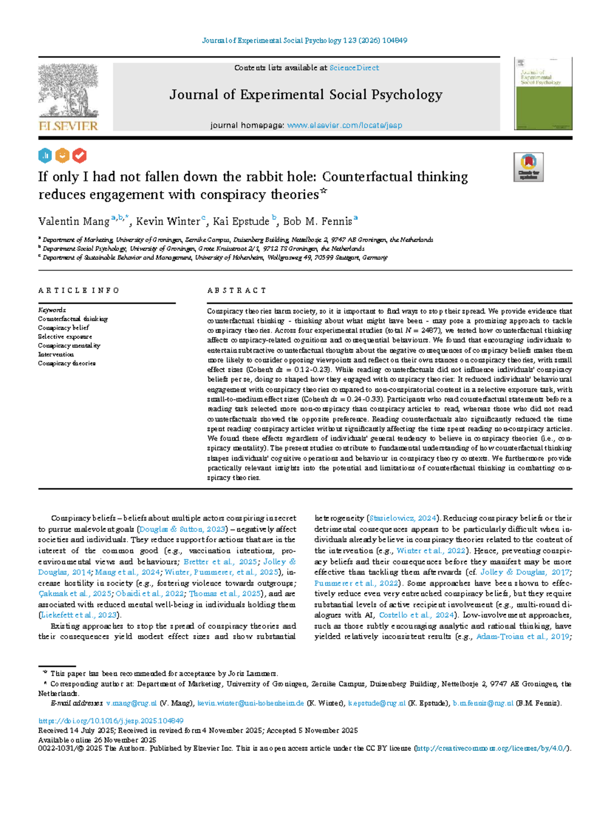Counterfactual Thinking and Conspiracy Theories: Insights from ...