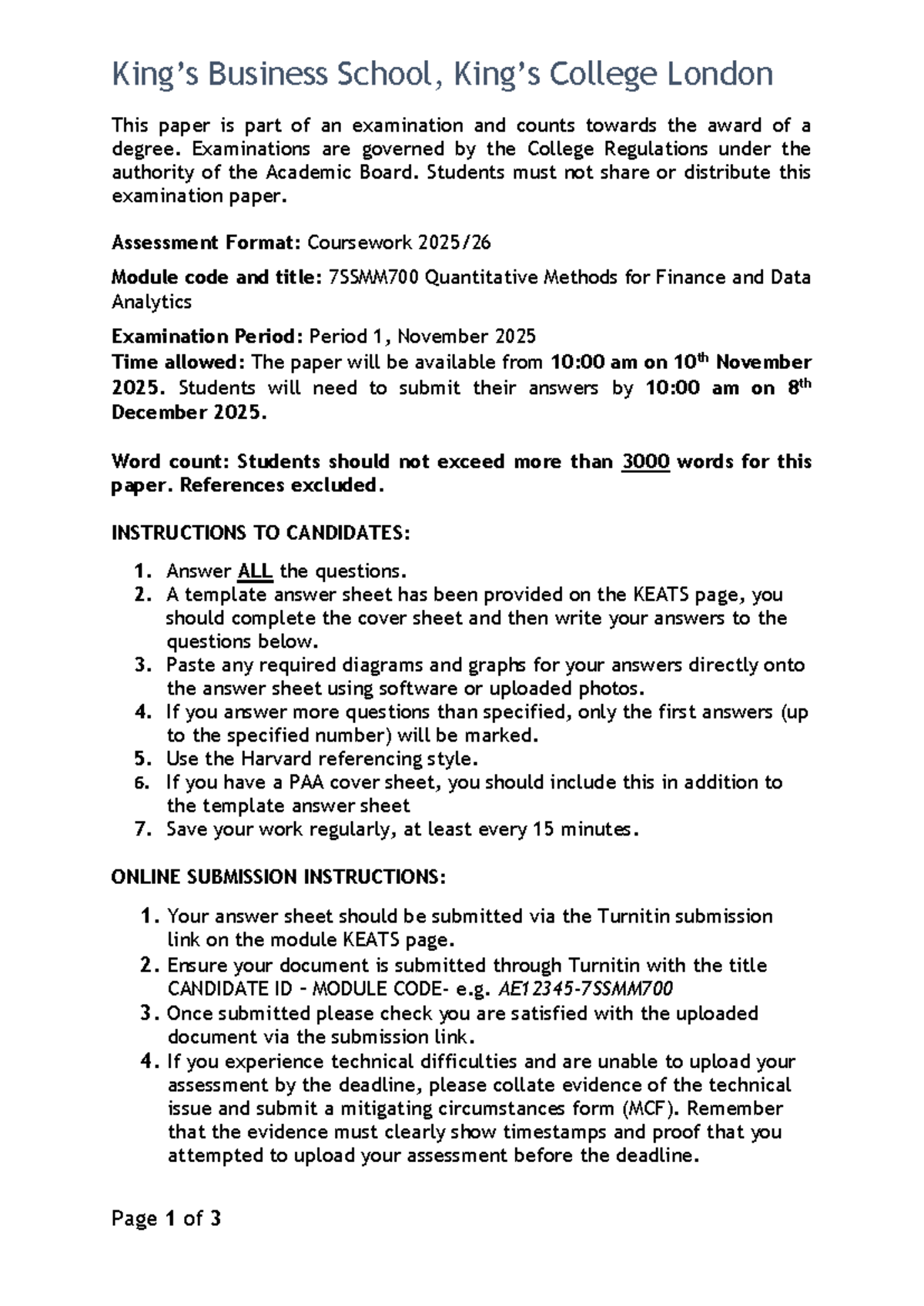 7SSMM700 Quantitative Methods for Finance Coursework 2025-26 - Studocu