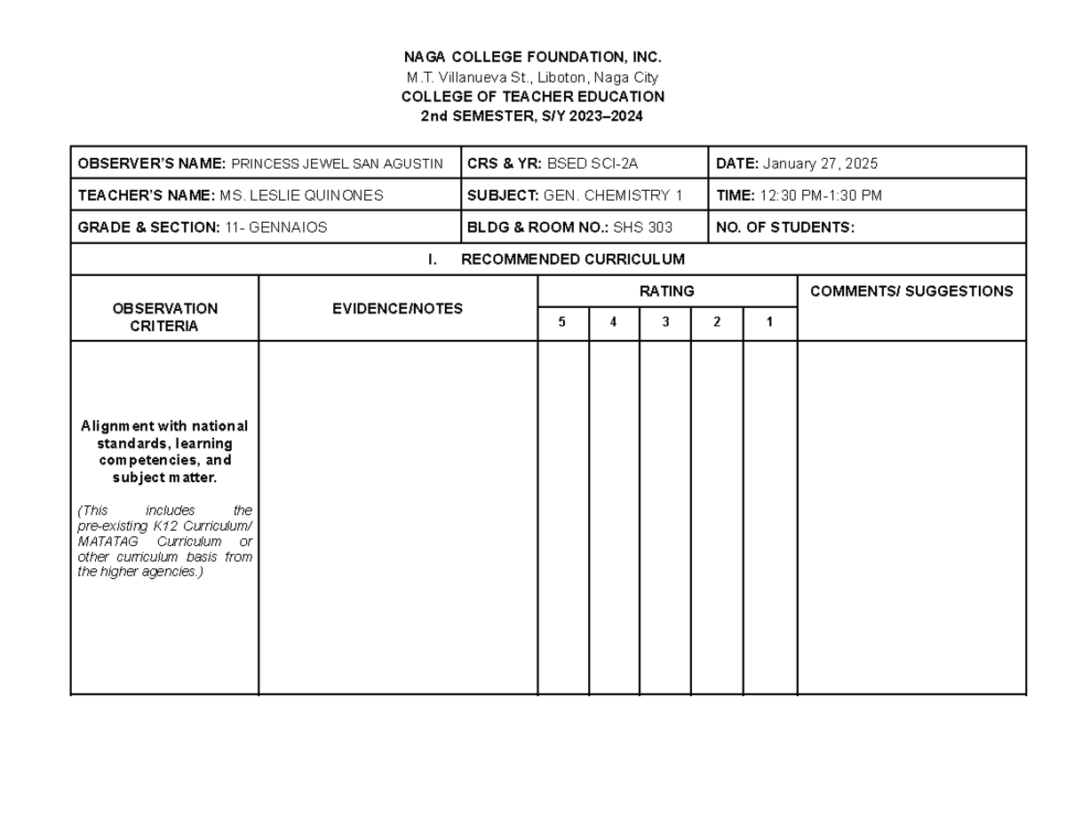 Observation Matrix (SAN Agustin) - NAGA COLLEGE FOUNDATION, INC. M ...